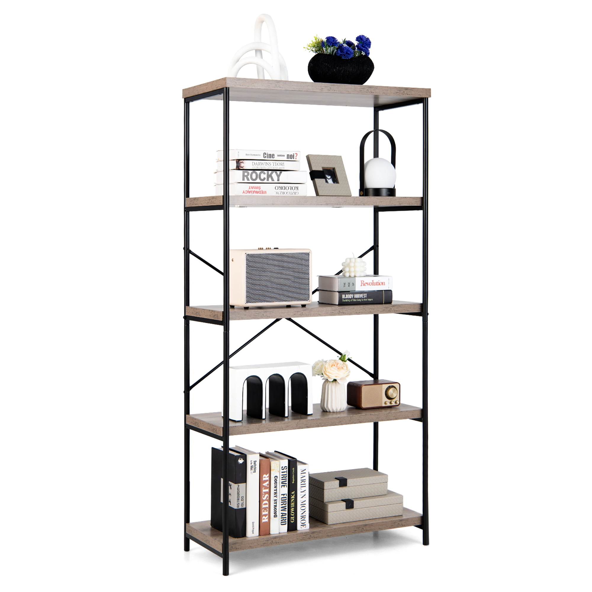 Costway 5-Tier Rustic Industrial Bookshelf Wood Display Storage Rack ...