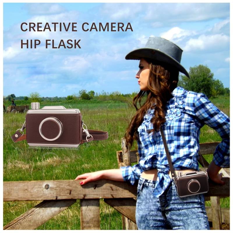 iMucci 11 Oz Camera Flask for Liquor Brown Leather Stainless Steel Hip ...