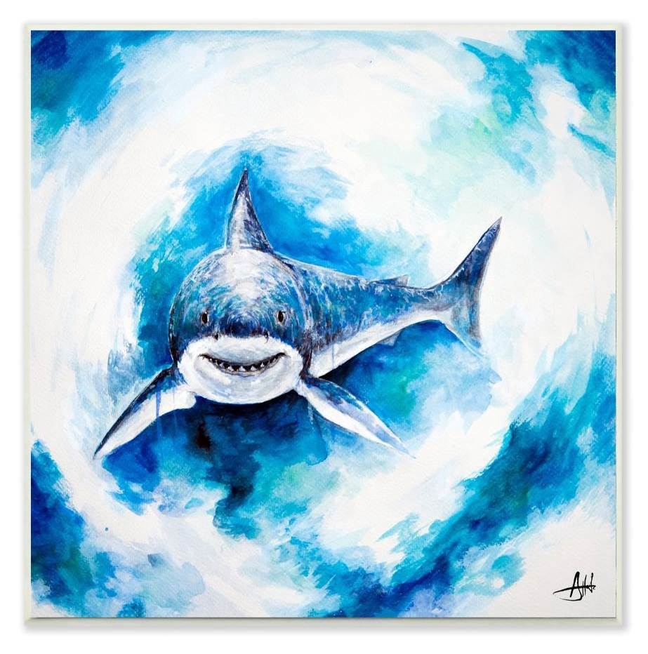 Stupell Industries Ocean Sea Shark Animal Blue Watercolor Painting Wall ...