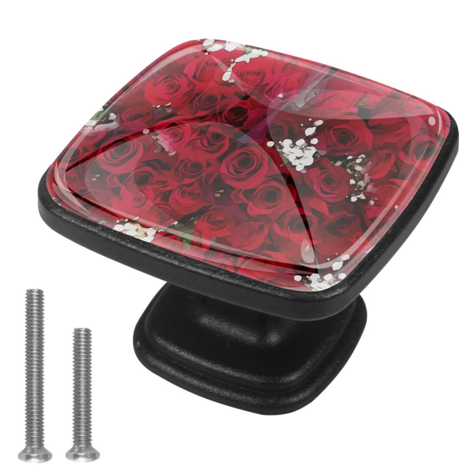 4 Pcs Cabinet Handle Drawer Pulls Bouquet Floral Red Rose Knobs with ...