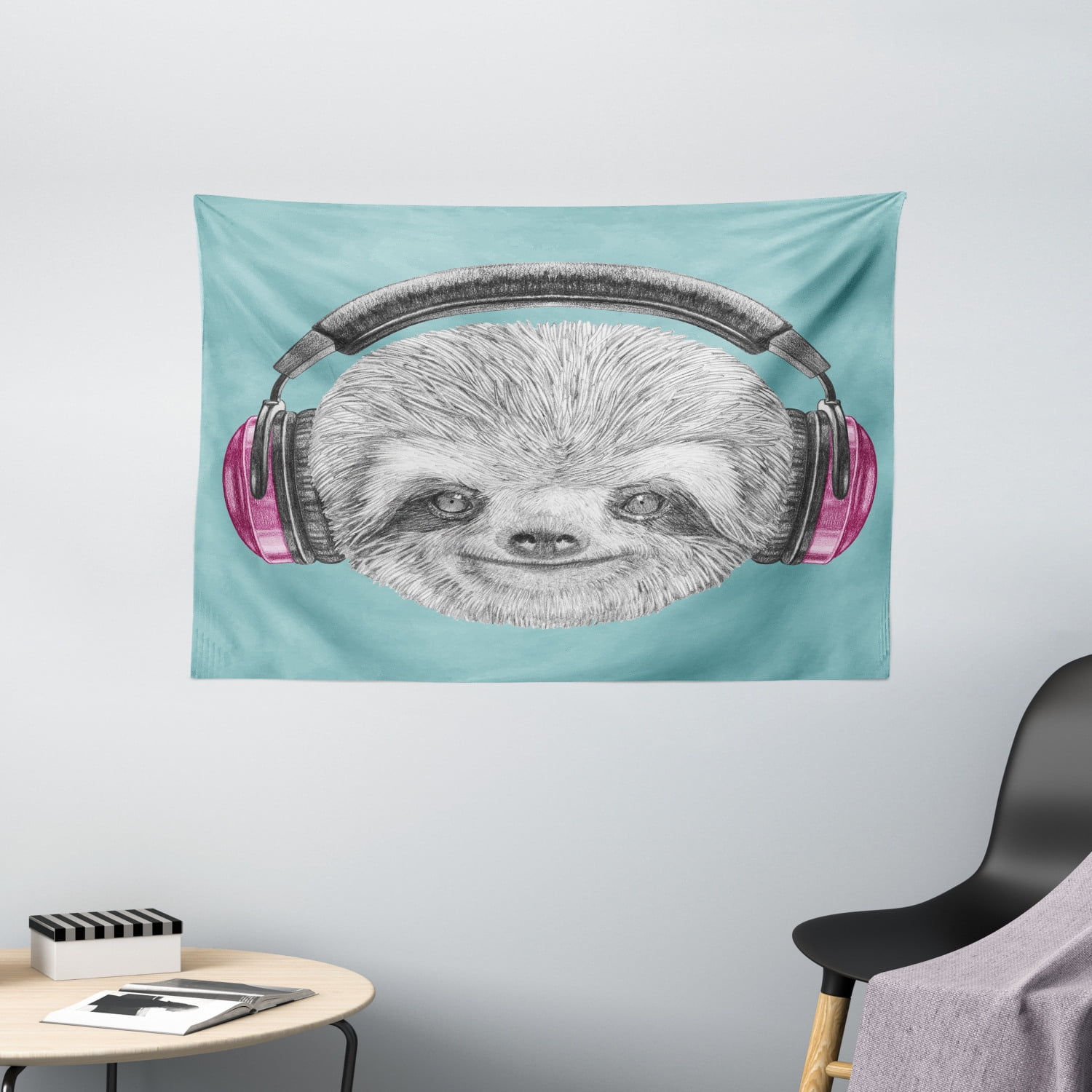 Sloth Tapestry, DJ Sloth Portrait with Headphones Funny Modern ...