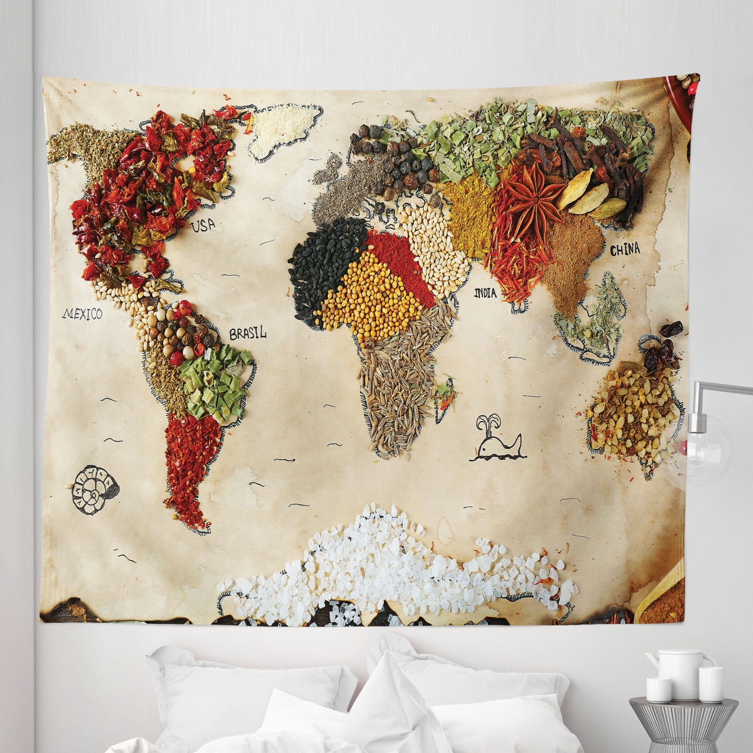 World Map Tapestry, Different Spices Design Food Bohemian Style Art ...