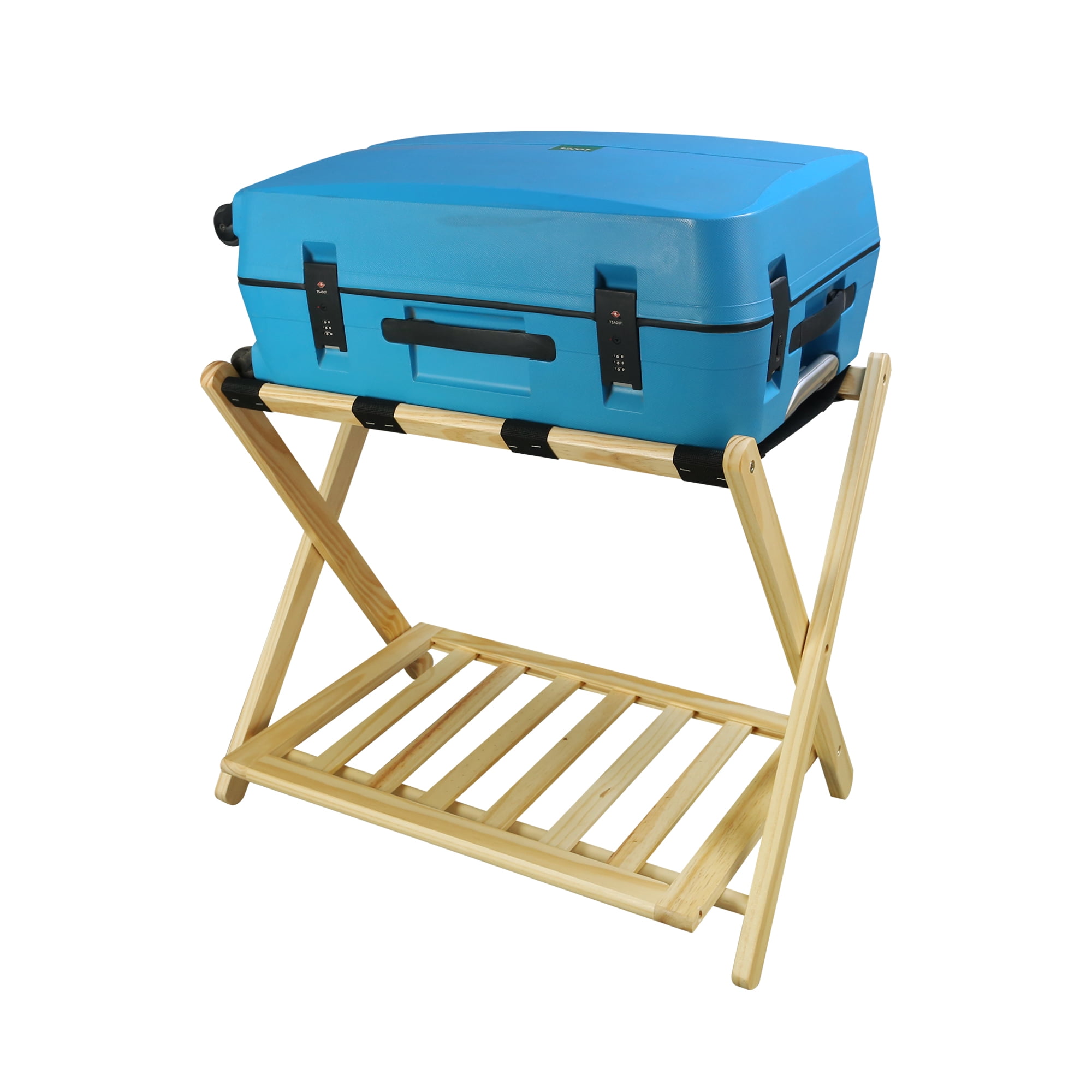 Solid Wood Folding Luggage Rack with Heavy-duty Straps and Shelf - New ...