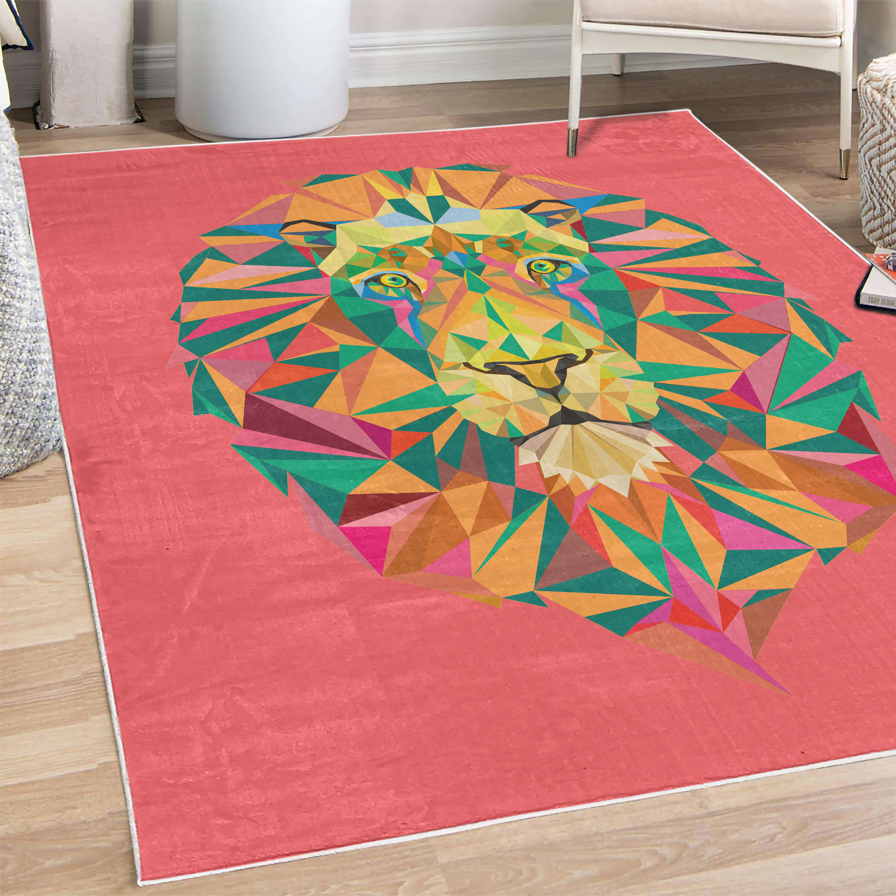 Zoo Decorative Rug, Colorful Animals Geometric Diamond Face Lions Mane ...