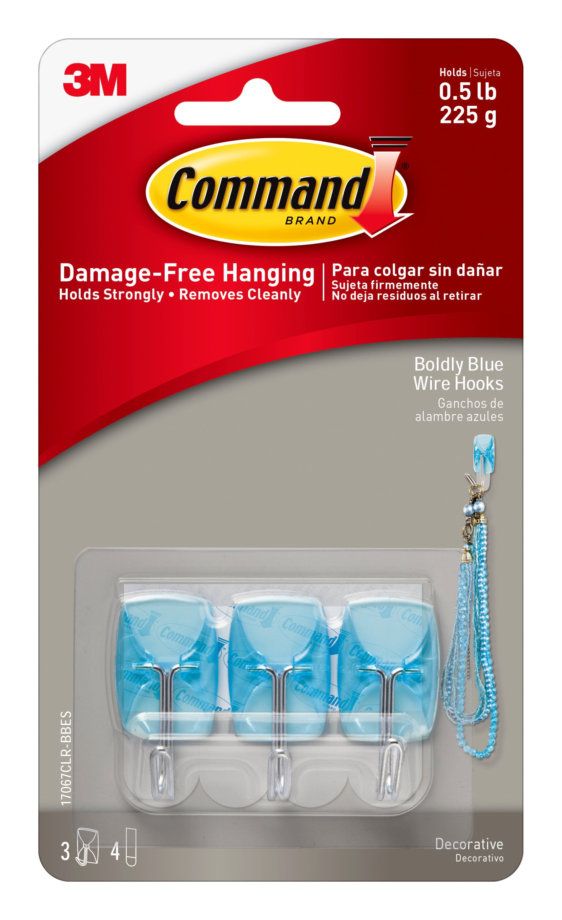Command Boldly Blue Wire Hooks, Small, 3 Hooks, 4 Clear Strips/Pack ...