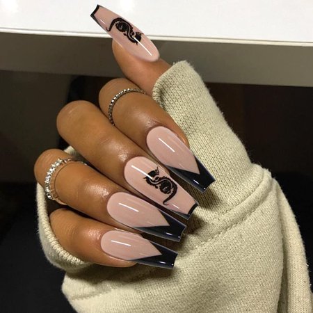 Glossy Coffin Extra Long Press on Nails with Designs,Nude Acrylic Nails ...