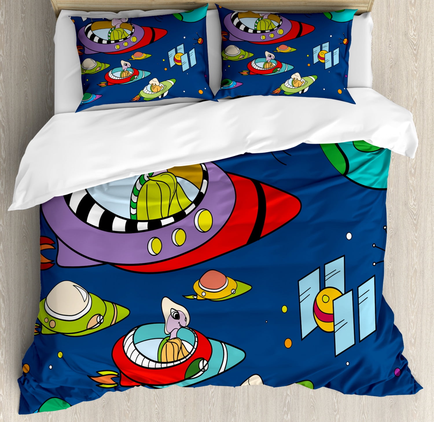 Alien Duvet Cover Set King Size, Cartoon Style Illustration of Planets ...