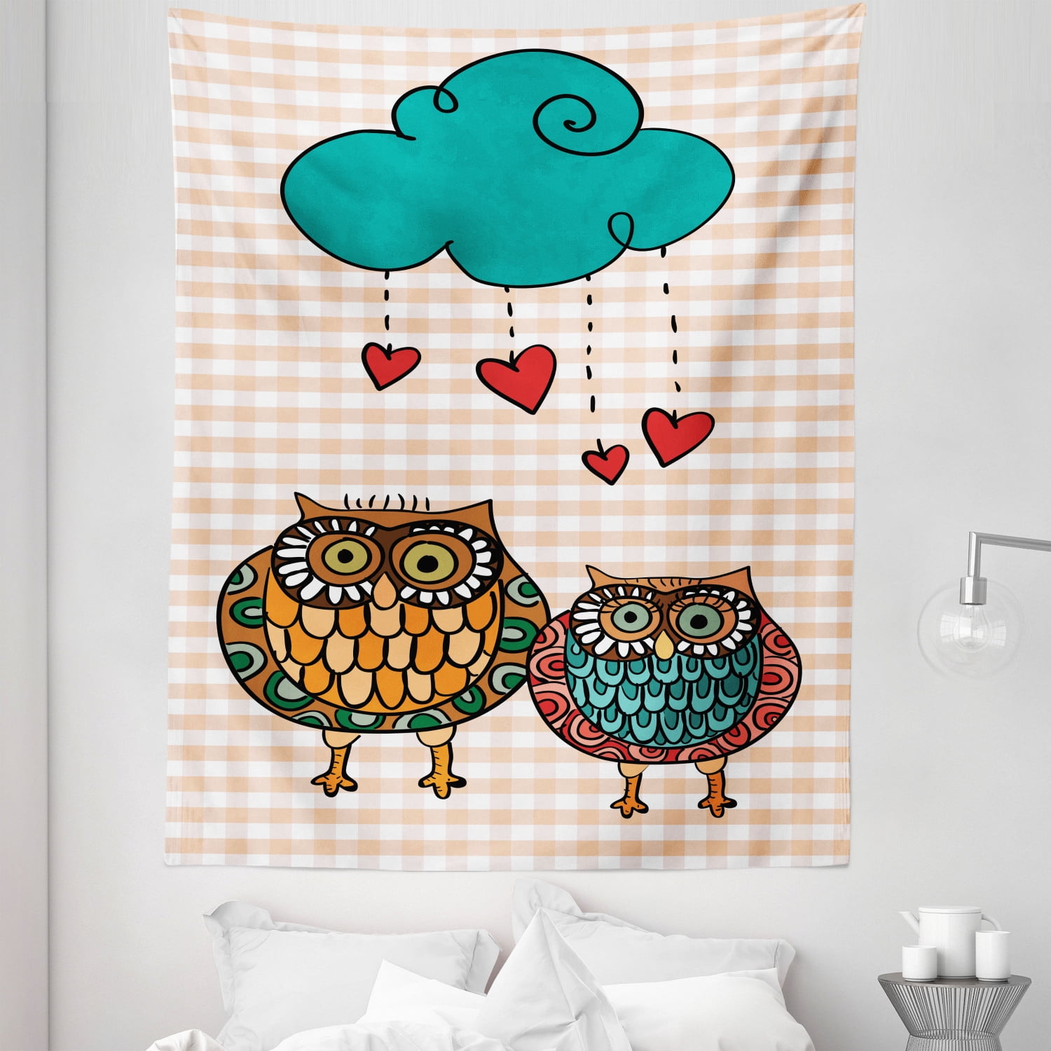Owl Tapestry, Bird Couple in Love Rain Clouds Design Art Ornamental ...