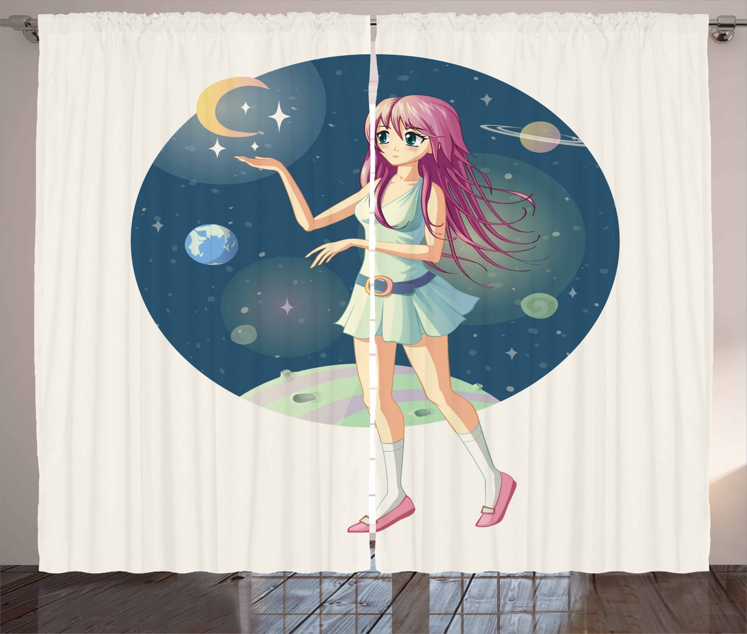 Anime Curtains 2 Panels Set, Illustration of a Girl against Background ...
