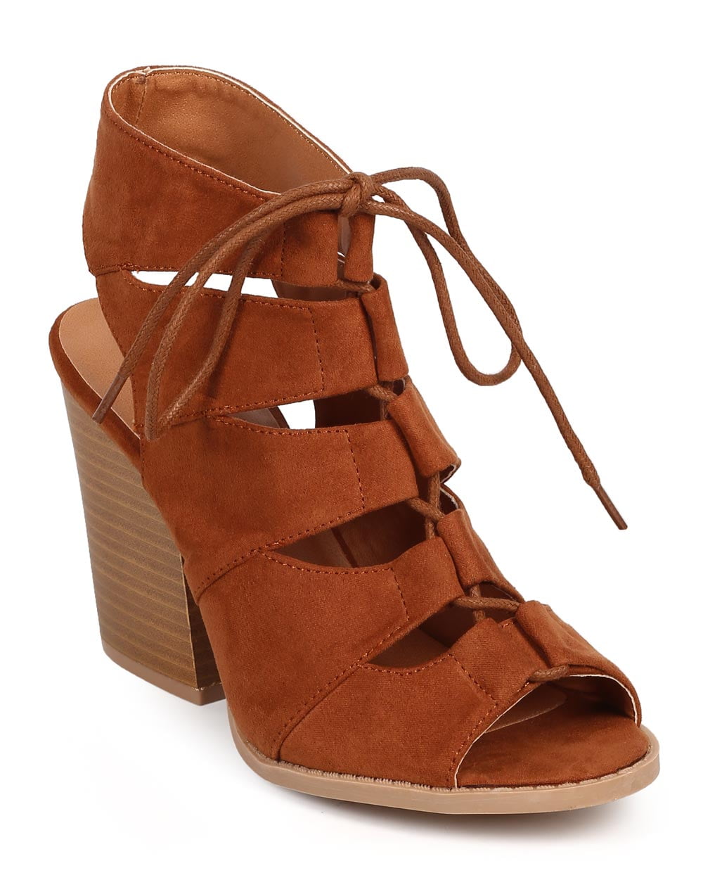 Qupid DC92 Women Suede Peep Toe Gilly Tie Block Heel Gladiator Bootie ...