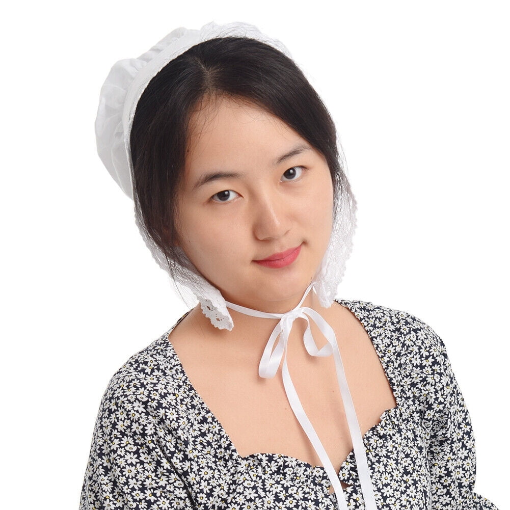 BPURB Women MOP Hat Lace-Up Bonnet Maid Pioneer Headpiece Carnival ...