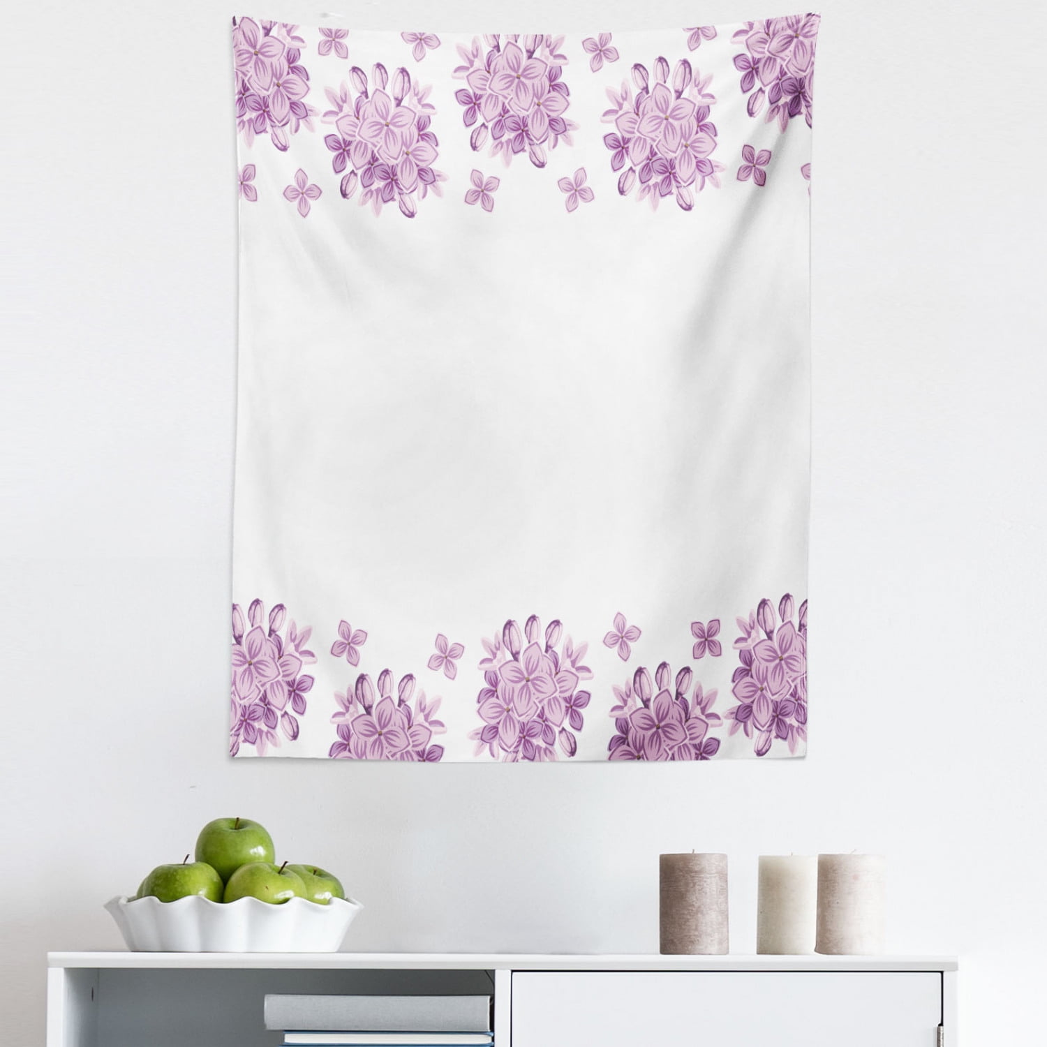 Floral Tapestry, Graphic Lilac Flower Blossoms on White Background ...
