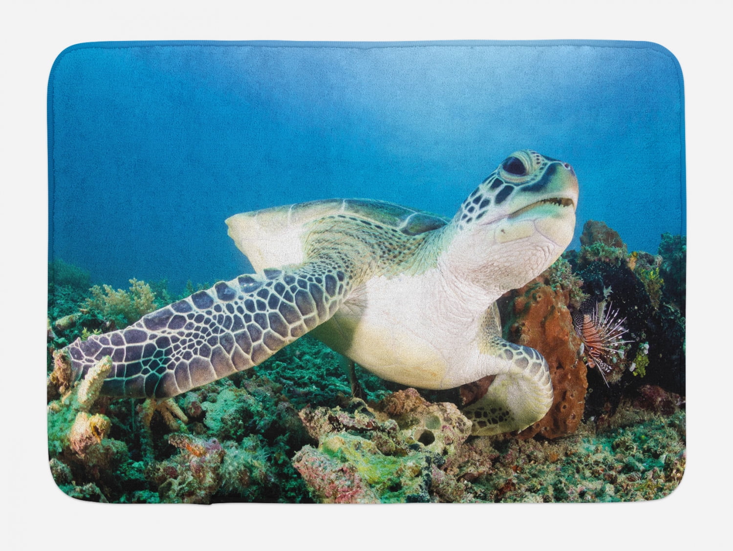 Turtle Bath Mat, Photo of Green Turtle and Lion Fish on Tropical Coral ...