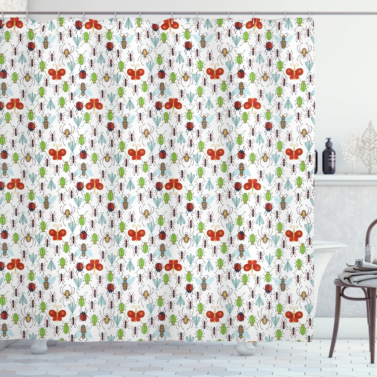 Animals Shower Curtain, Insects Pattern Butterfly Wasp Ant Ladybug and ...