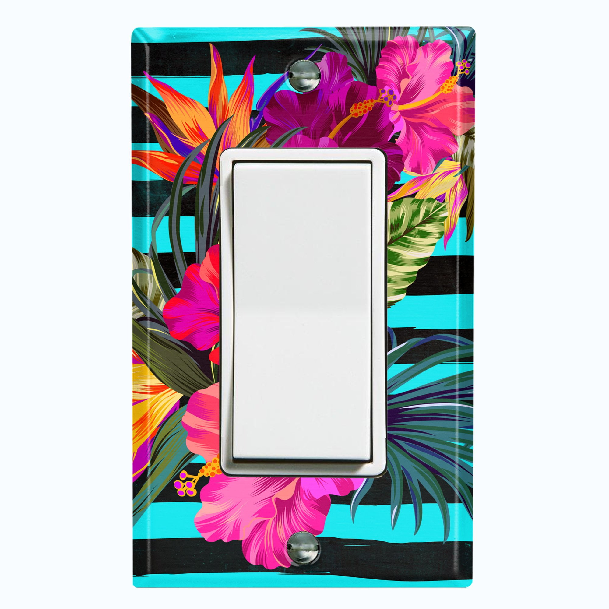 Metal Light Switch Plate Cover Hibiscus Flower Wreath Teal Stripes ...