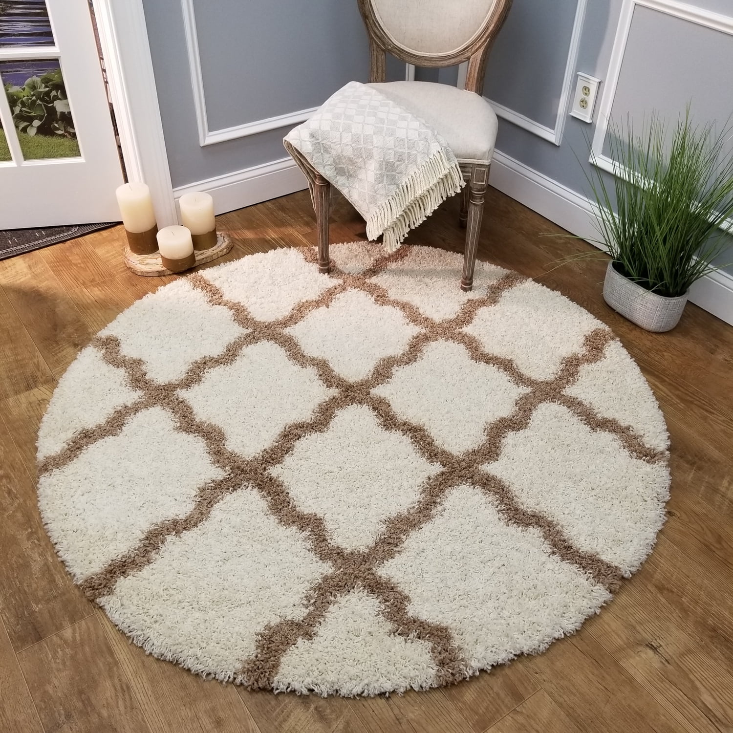 Maxy Home Bella Trellis Ivory 5 ft. Round Shag Area Rug - Walmart.com