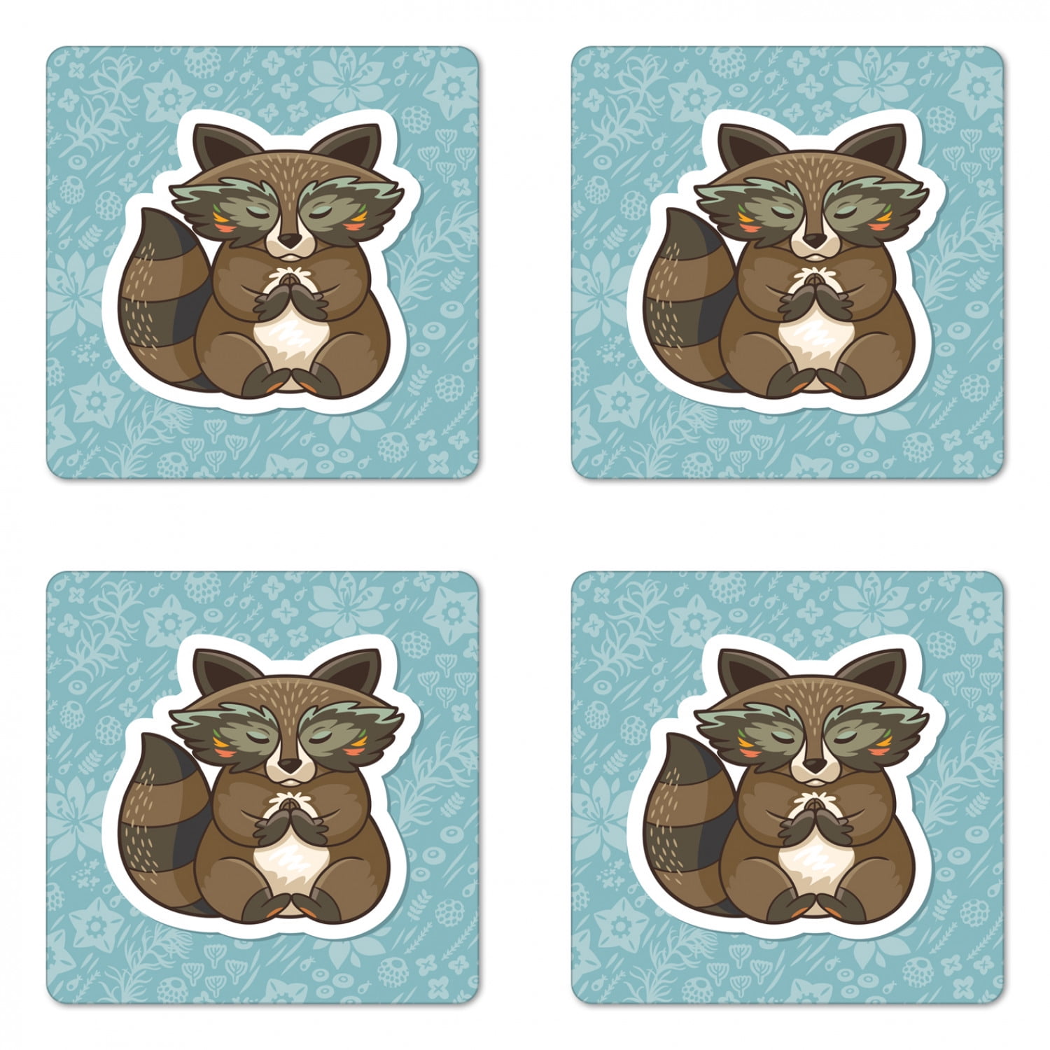 Cartoon Coaster Set of 4, Raccoon Meditating on Blue Meadow Spring ...