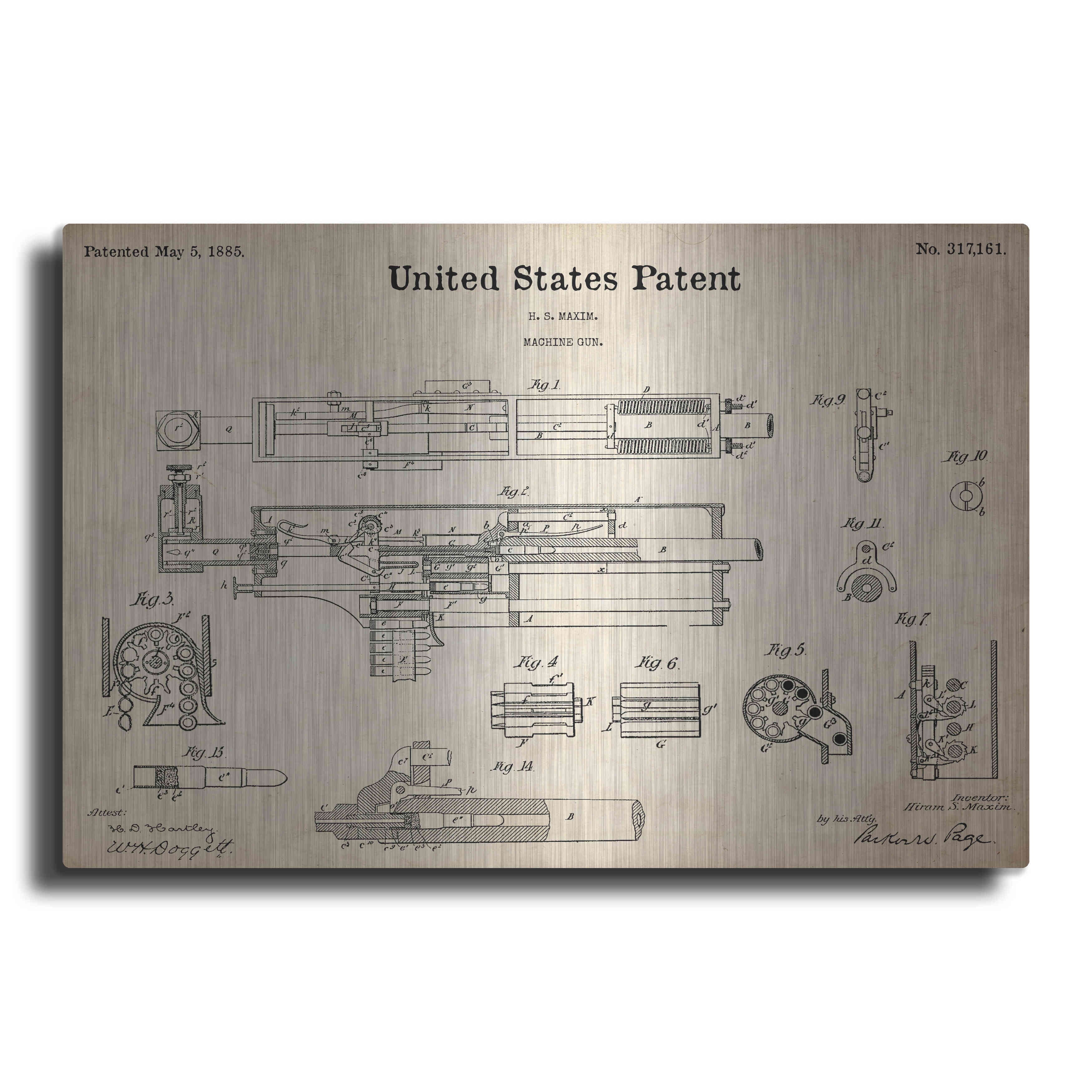 Luxe Metal Art 'Machine Gun Blueprint Patent Parchment,' Metal Wall Art ...