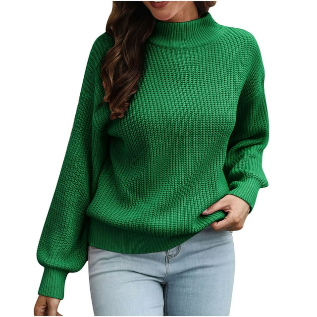 Womens Trendy High Neck Sweaters Solid Waffle Knitted Sweaters Vintage Baggy Long Sleeve ...