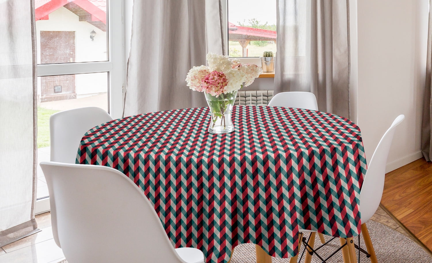 Retro Round Tablecloth, Vintage Country Style Pattern with Diagonal ...