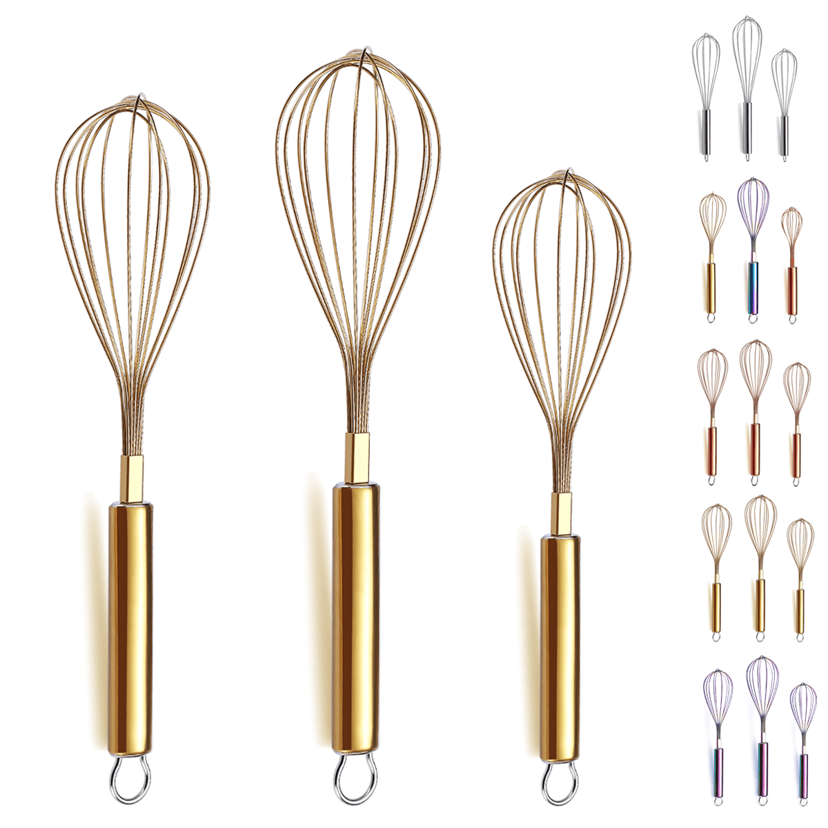 ReaNea Gold Whisk Set of 3 Stainless Steel 8" 10" 12" Beater Wire ...