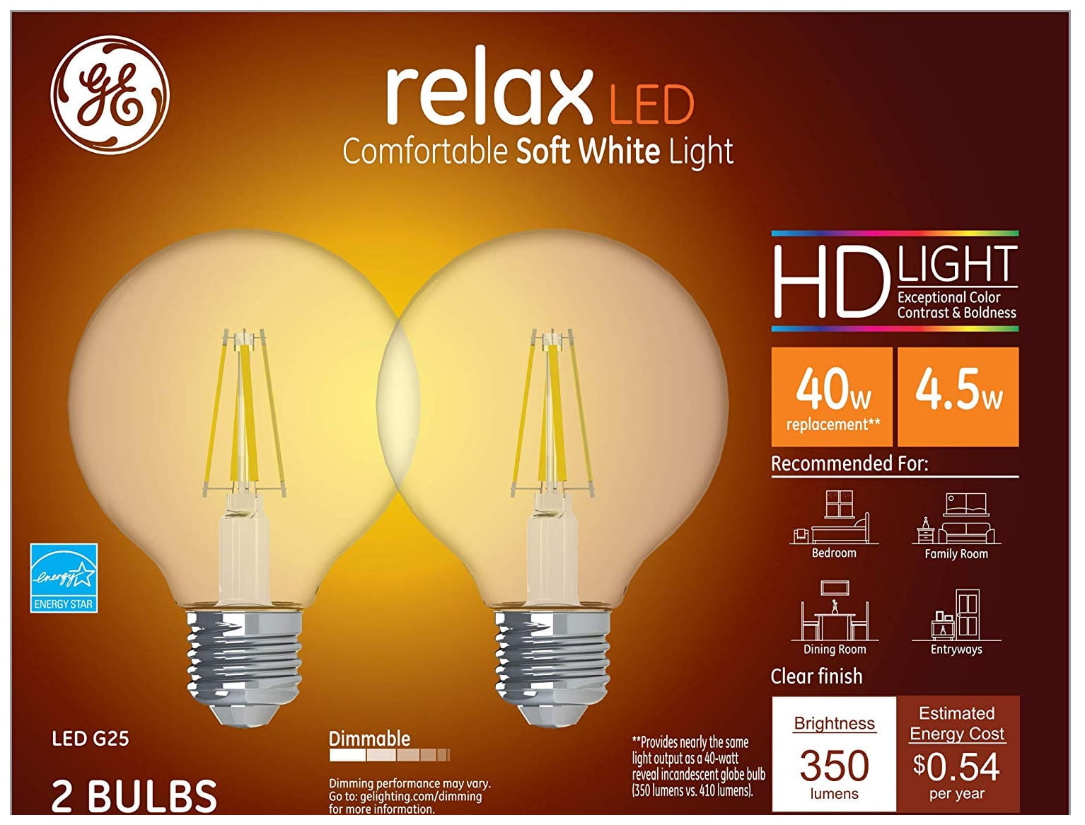 GE 31536 G25 Relax HD Decorative LED Light Bulb, 4.5 Watts - Walmart ...