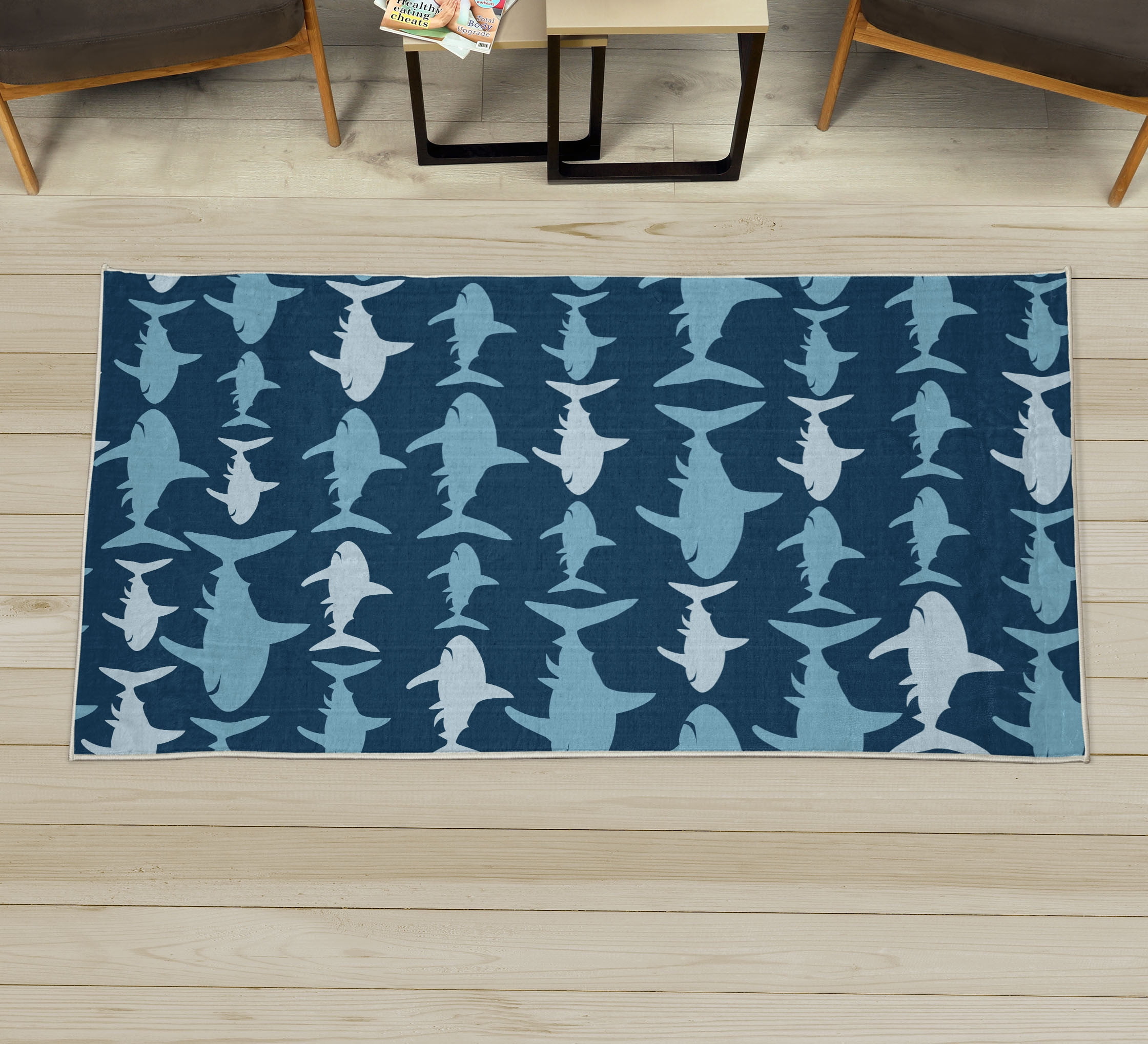 Sea Animals Decorative Rug, Monochrome Shark Illustration Fashion ...