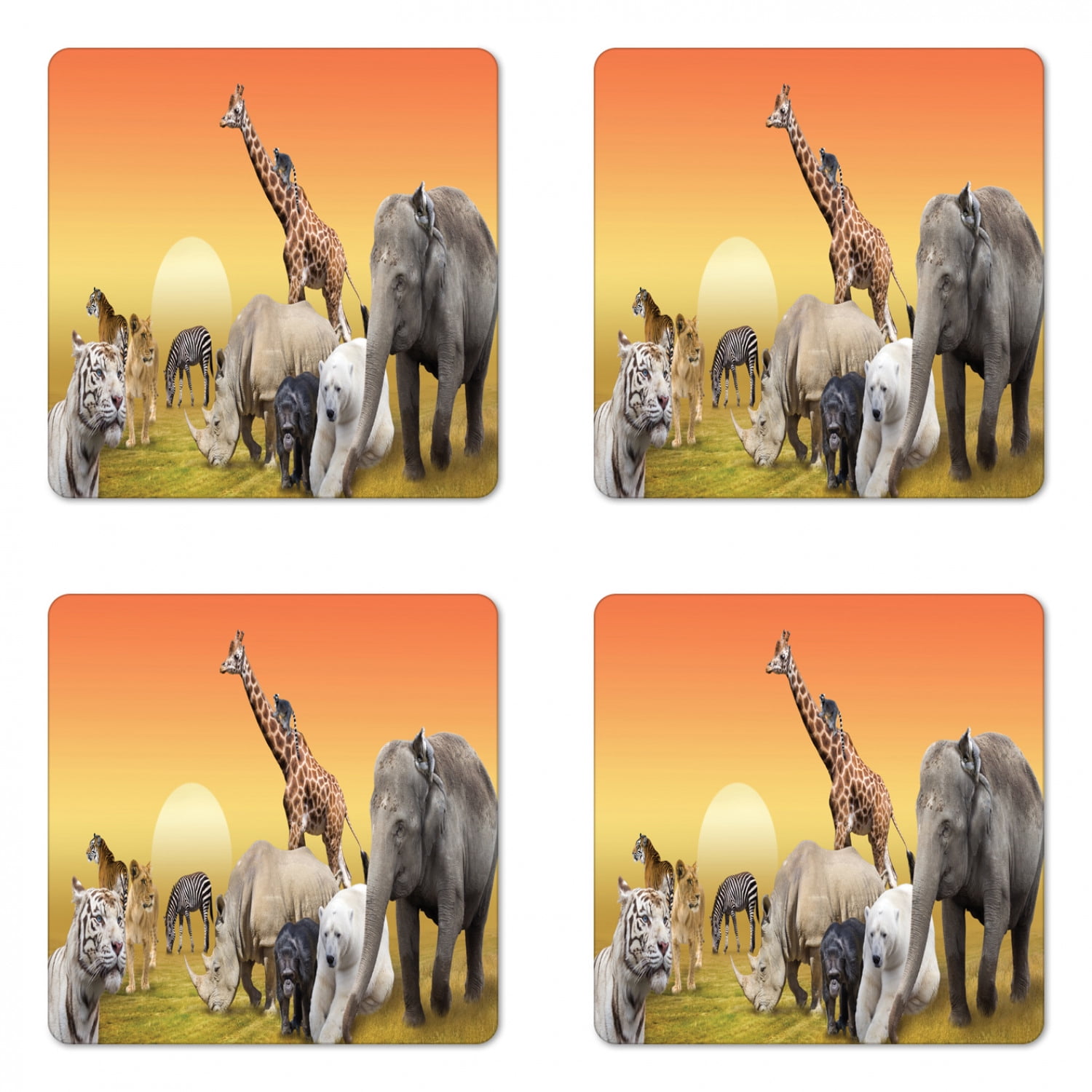 Safari Coaster Set of 4, Photo of Wildlife Animals with Ombre Sunset ...