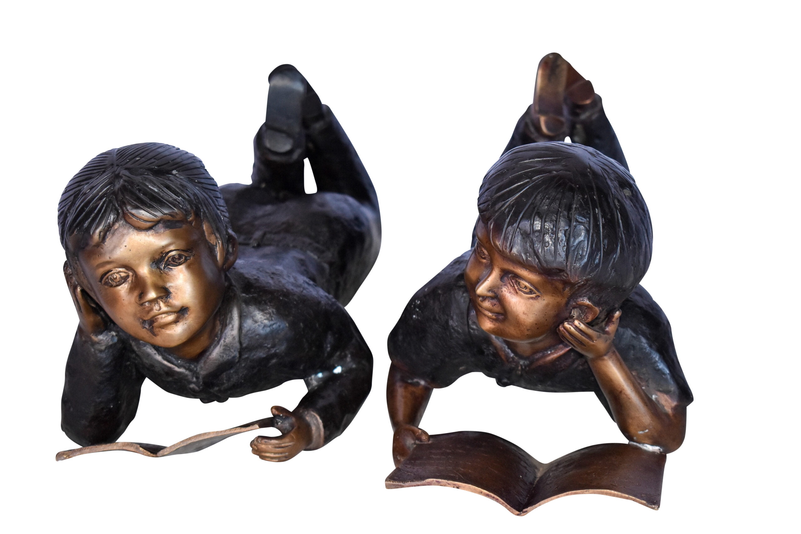 Young Kids Laying and Reading Cheerfully Bronze Statue Set Size: 20" x ...