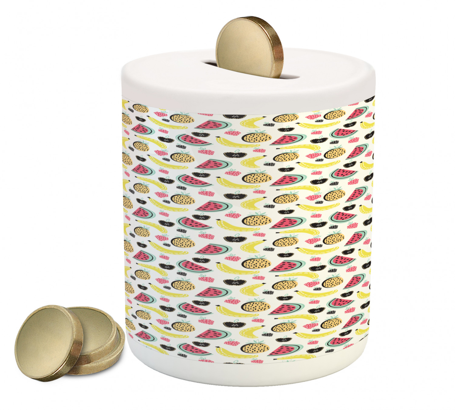 Fruit Piggy Bank, Doodle Watermelon Banana Pineapple Fruits Strawberry ...