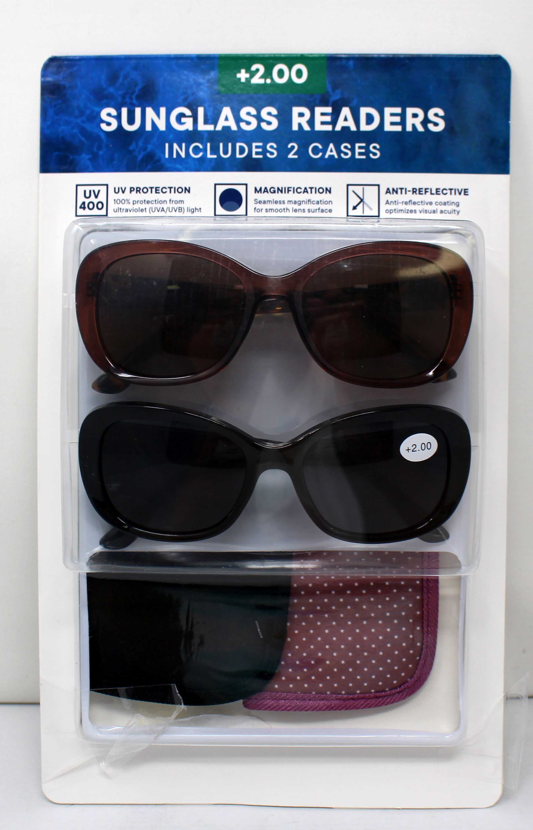 Sunglass Readers Full Frame UV Protection Includes 2 Cases +2.00 ...