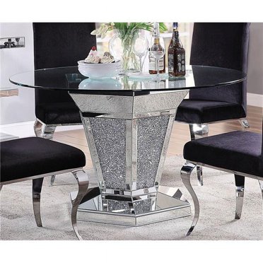 Acme Noralie Dining Table in Mirrored, Faux Diamonds and Clear Glass ...