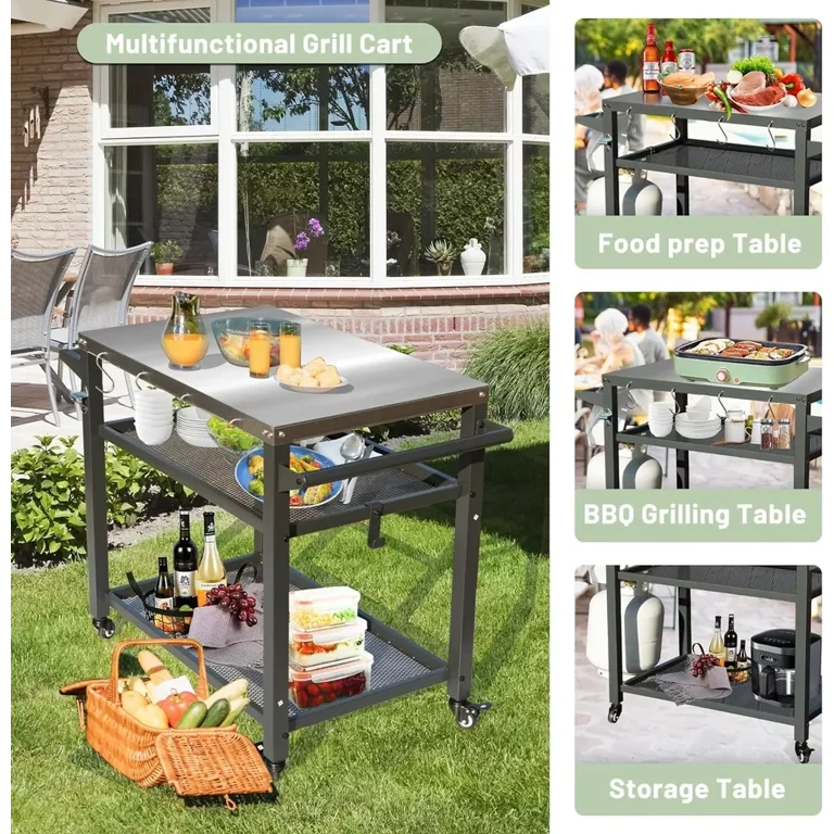 Outdoor Cooking Cart 3-Tier Foldable Grill Cart - Rolling BBQ Table ...