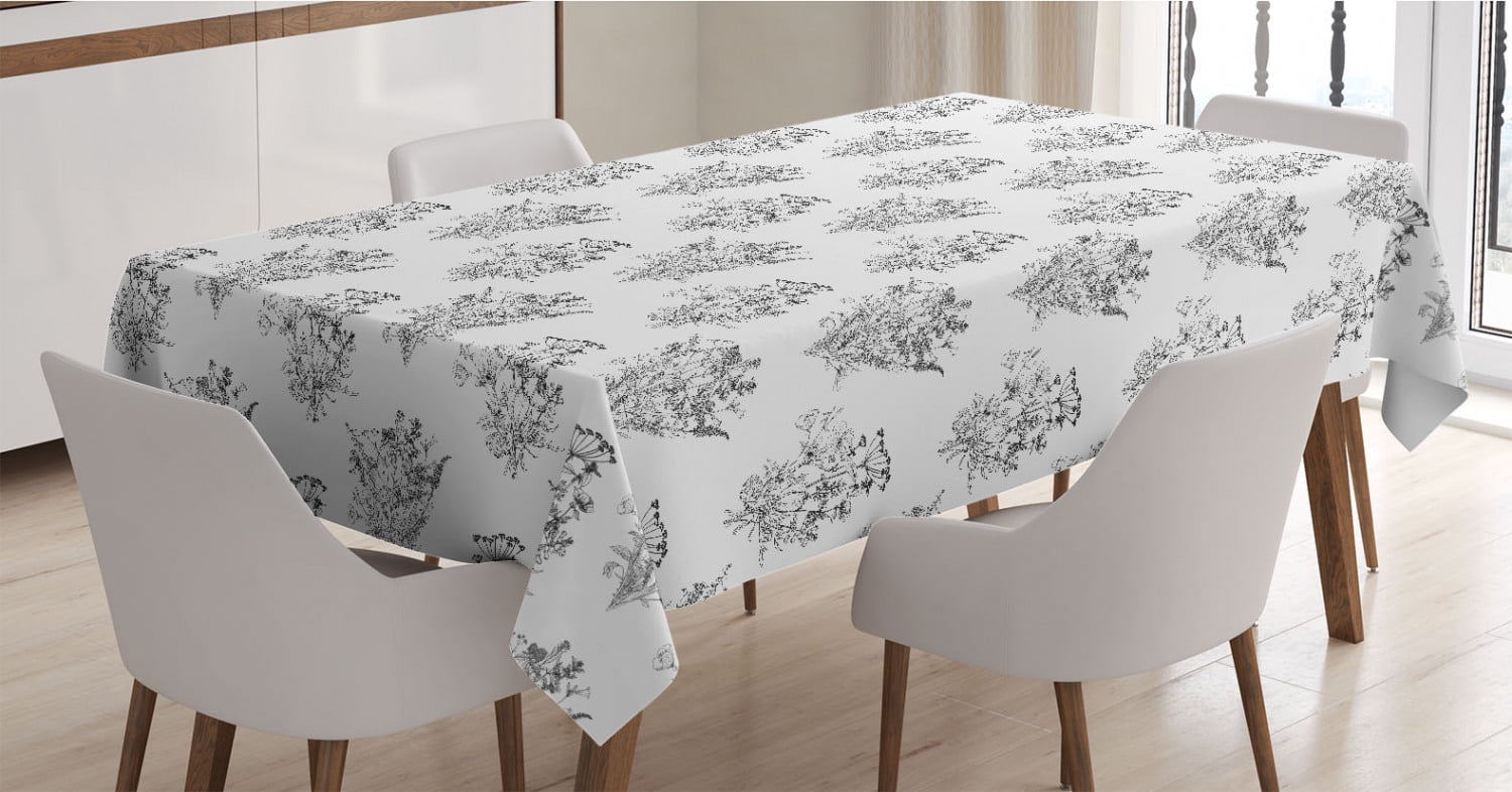 Floral Tablecloth, Vintage Monochrome Design Outline Graphic of Wild ...
