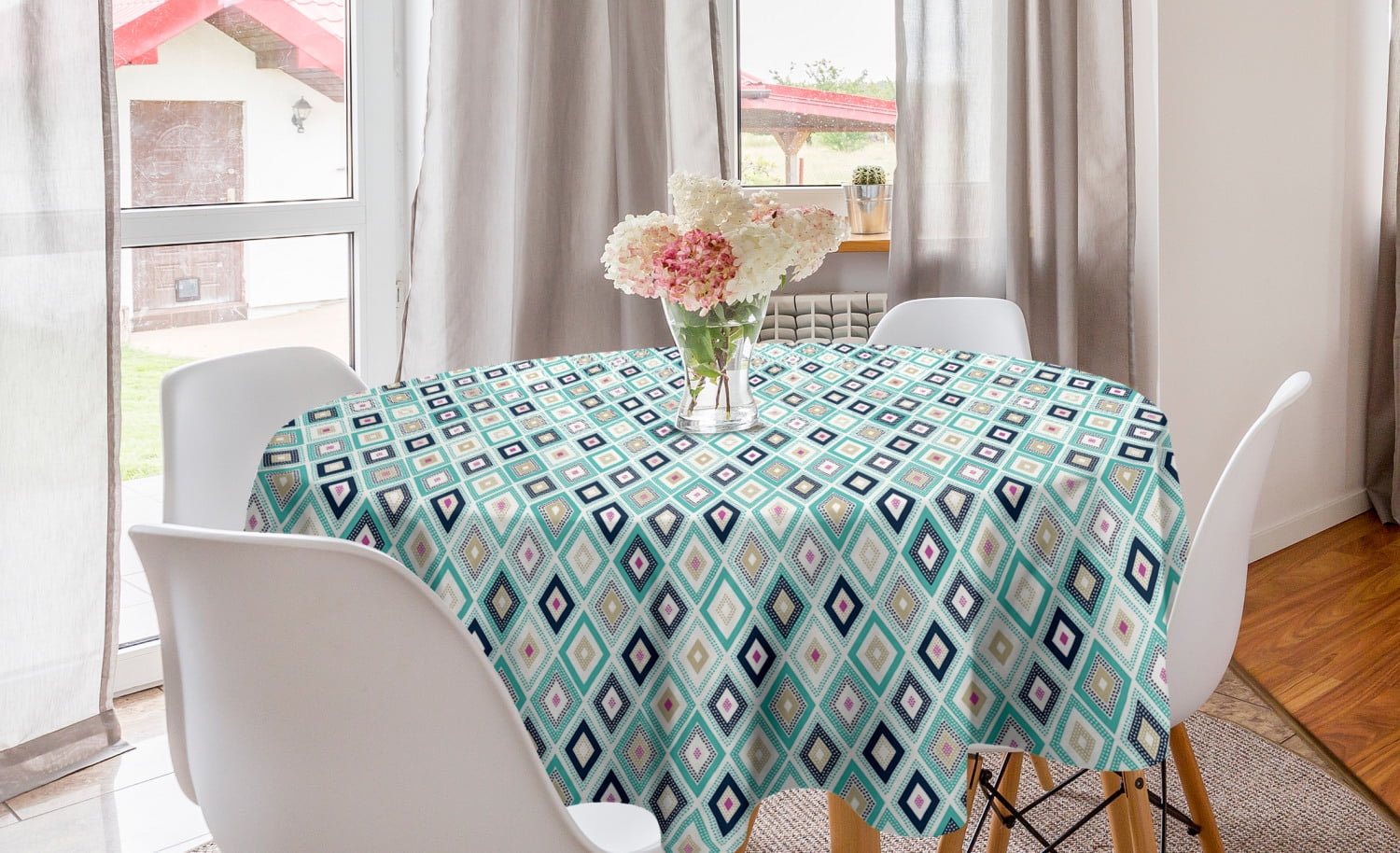 Turquoise Round Tablecloth, Dots Doodle Rhombus Diamond Shapes Colorful ...