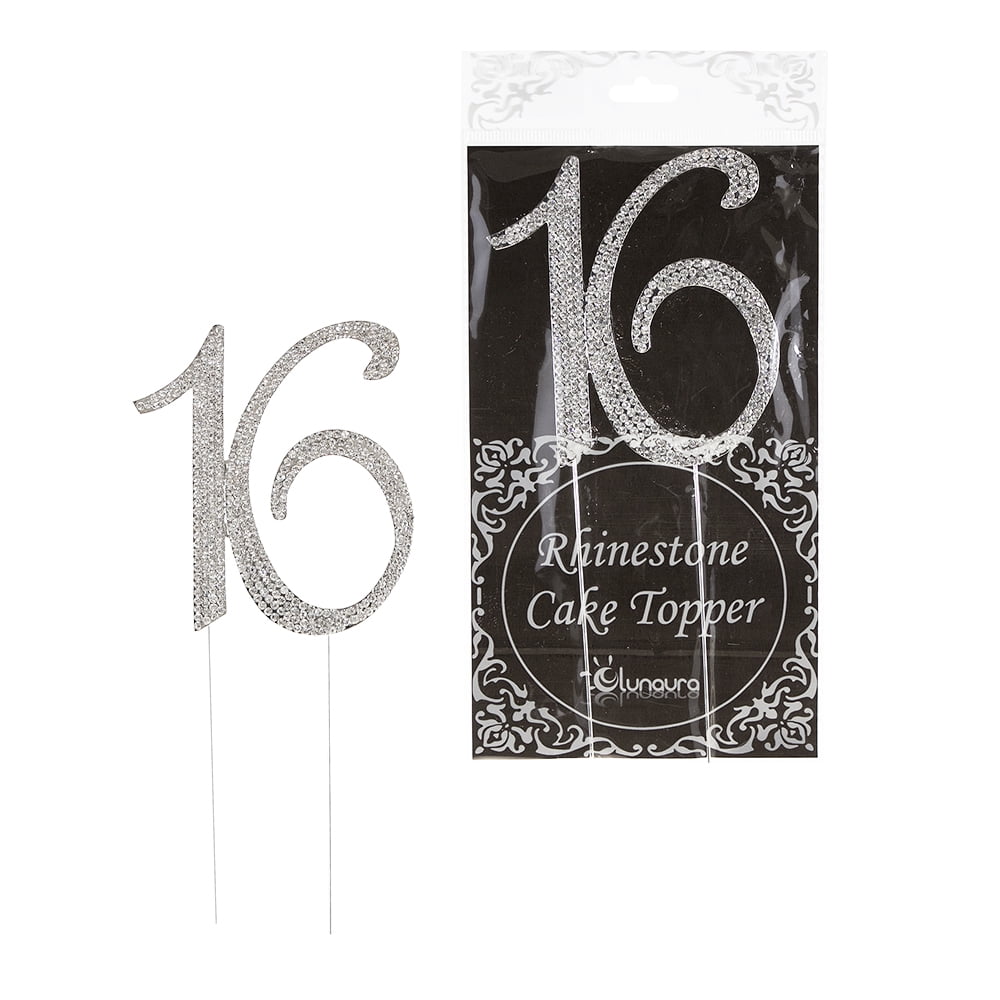 Mega Crafts Sparkly Silver Rhinestone Number 16 Cake Topper Decoration ...