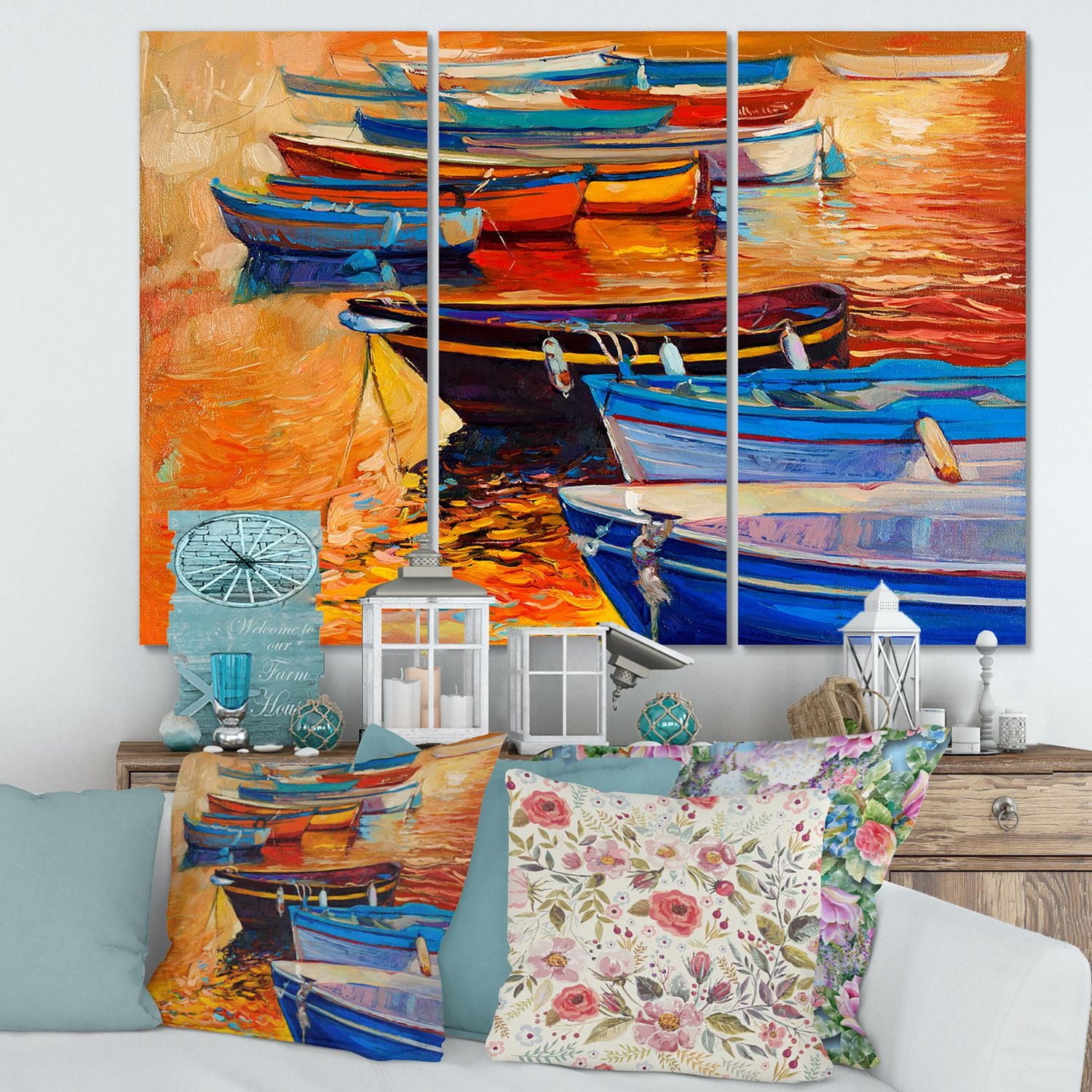 Click here for Designart Boats In The Harbor During Warm Colourd... prices