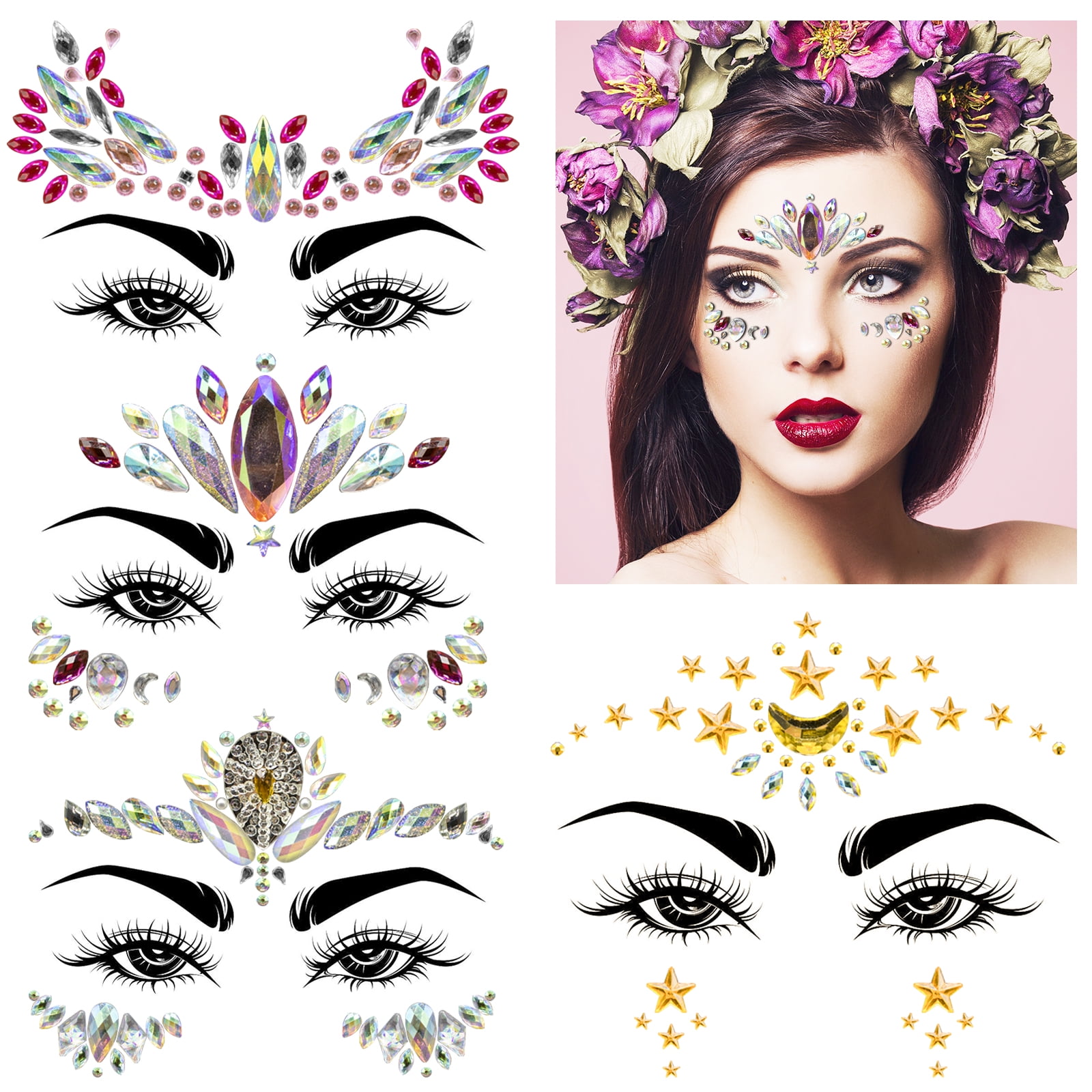 Face Jewels Glitter Face Gems Stickers 4 PCS Face Crystals Stick on ...