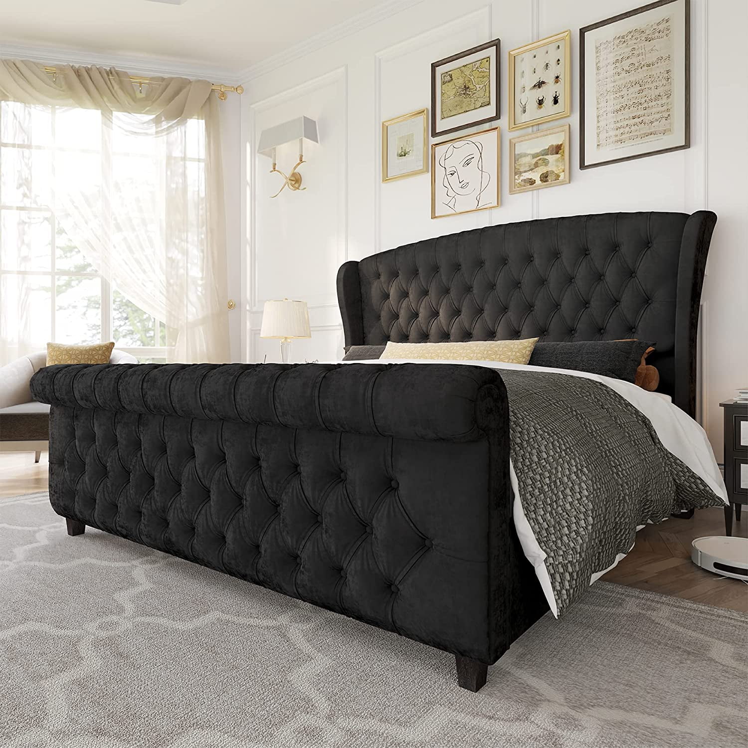 AMERLIFE King Size Platform Bed Frame, Velvet Upholstered Sleigh Bed ...
