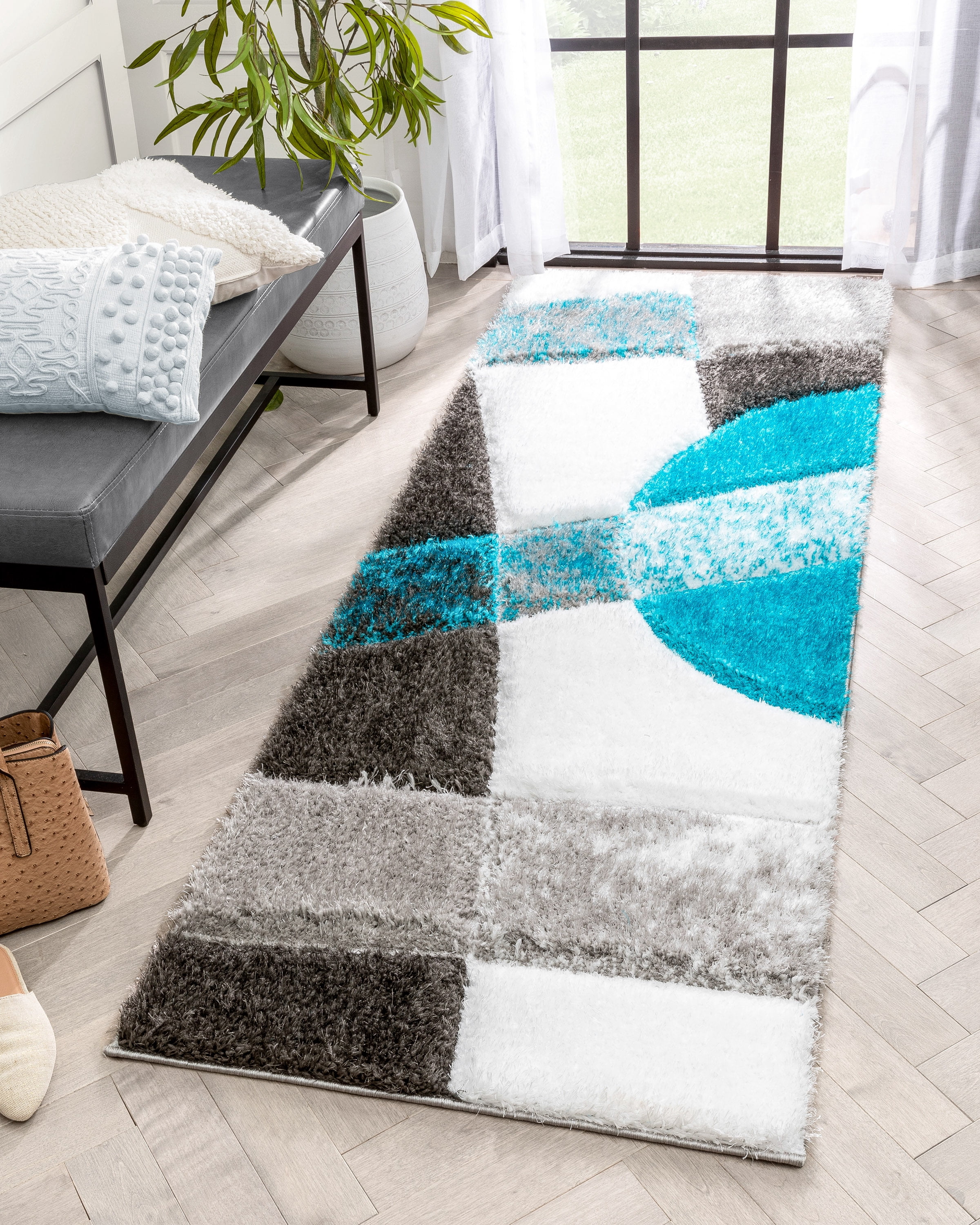 Well Woven Rami Teal & Grey Abstract Geometric 3D Textured Shag Runner ...