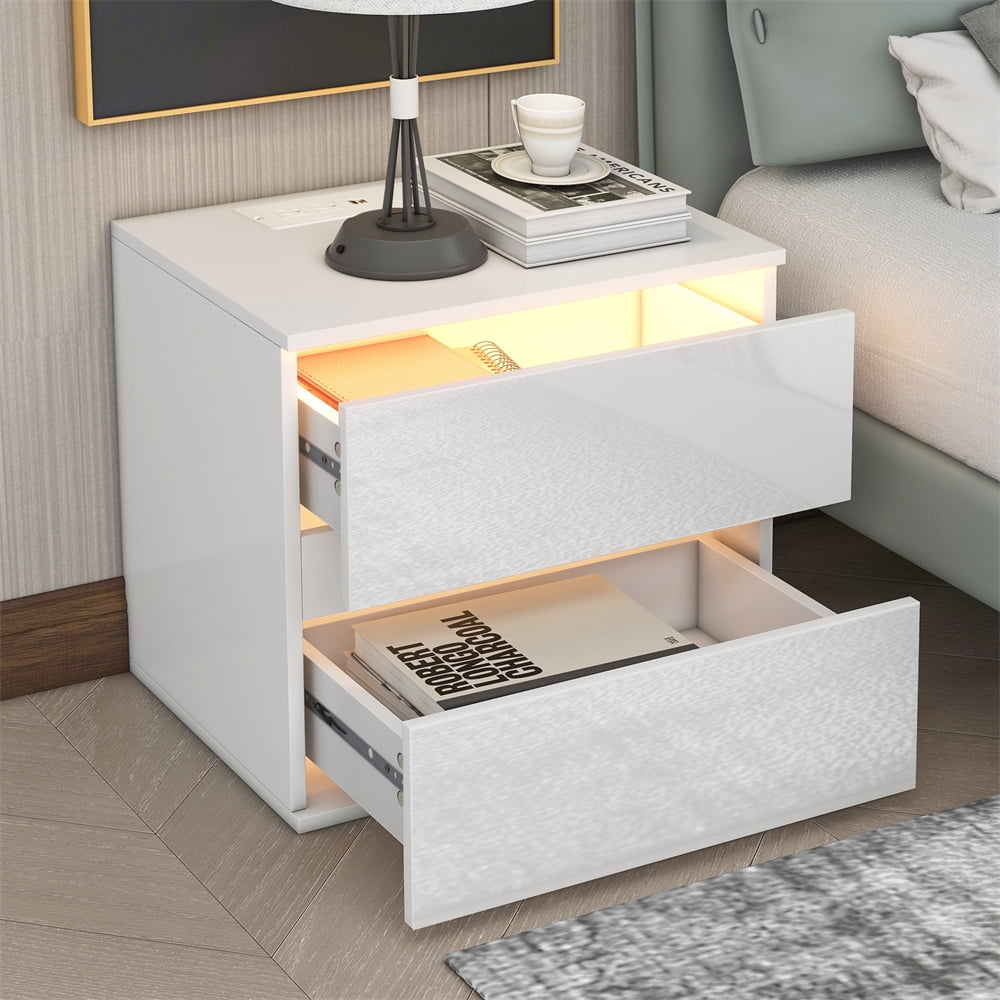 Modern LED Nightstand, Nightstand with 2 Drawers, USB Charging Ports ...