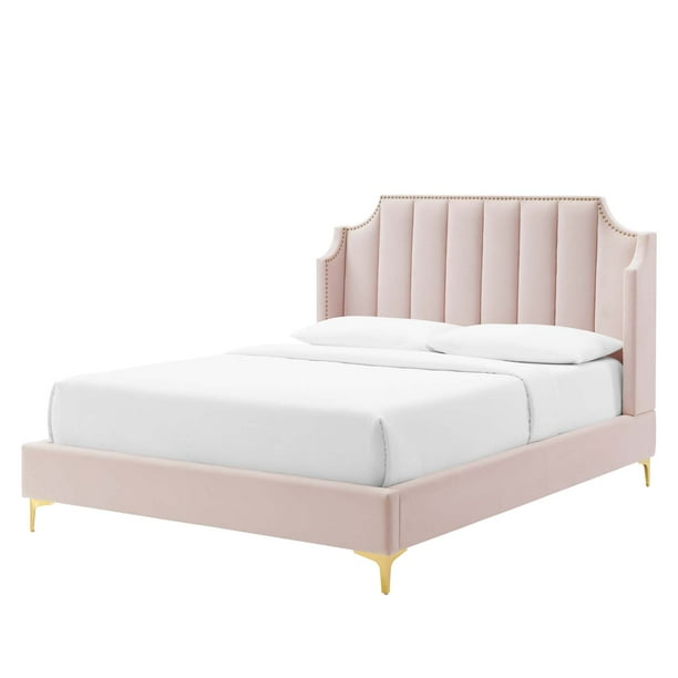 Platform Bed Frame, Queen Size, Velvet, Pink, Modern Contemporary Urban ...