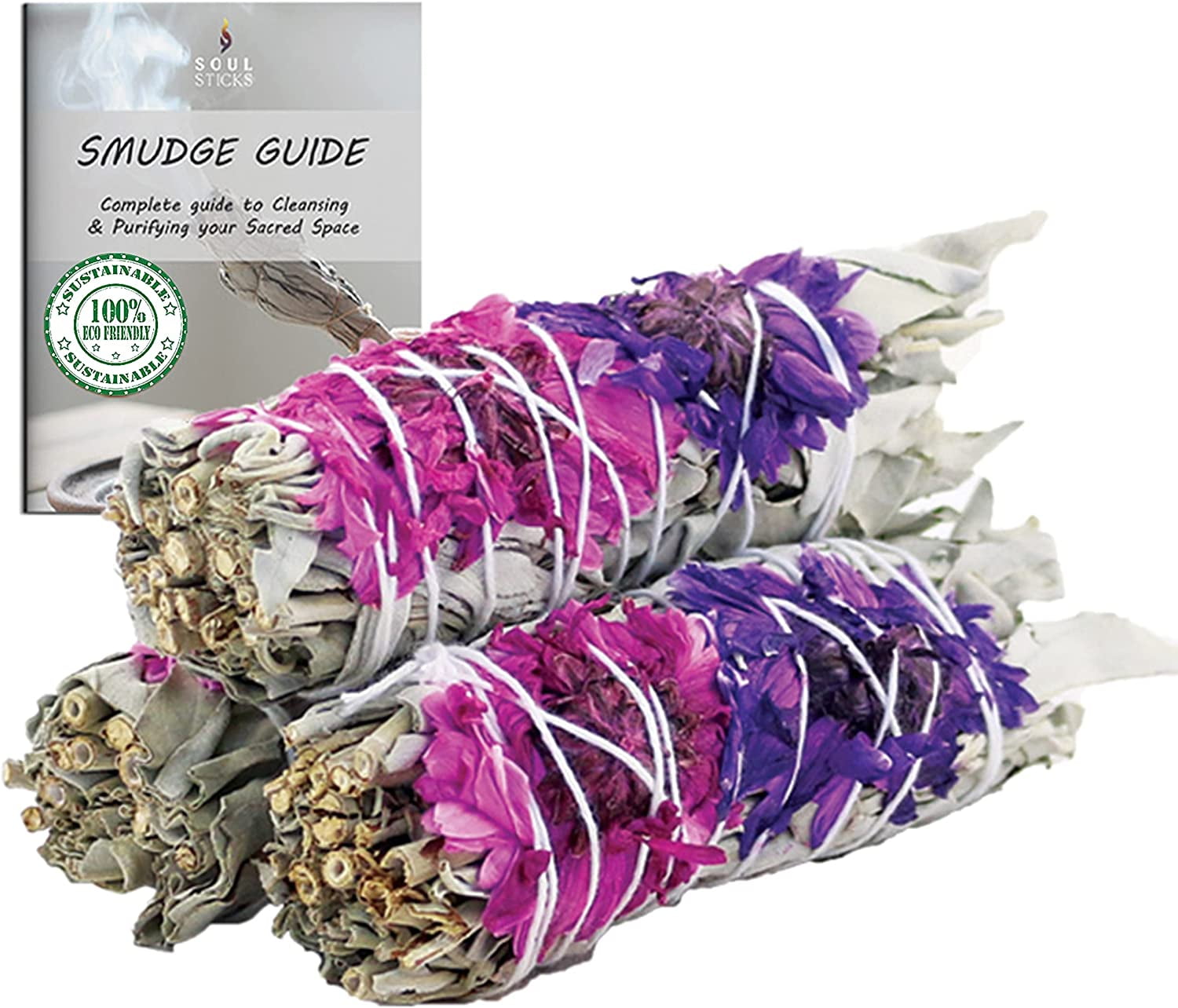 3 Pack Floral White Sage Smudge Sticks with Smudging Guide | Blissful ...