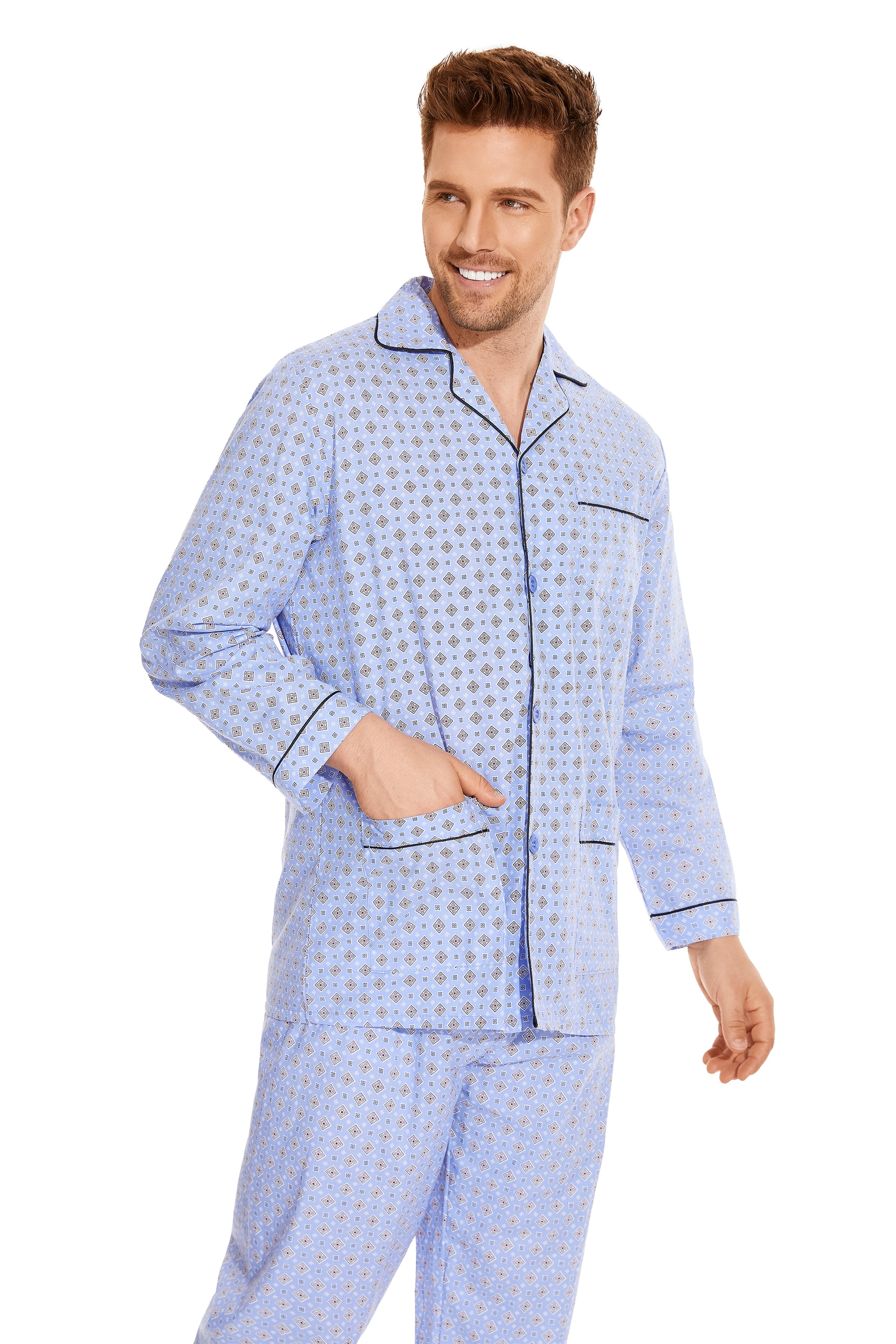 GLOBAL Mens 100% Cotton Pajamas Set Woven Drawstring Sleepwear Set with ...