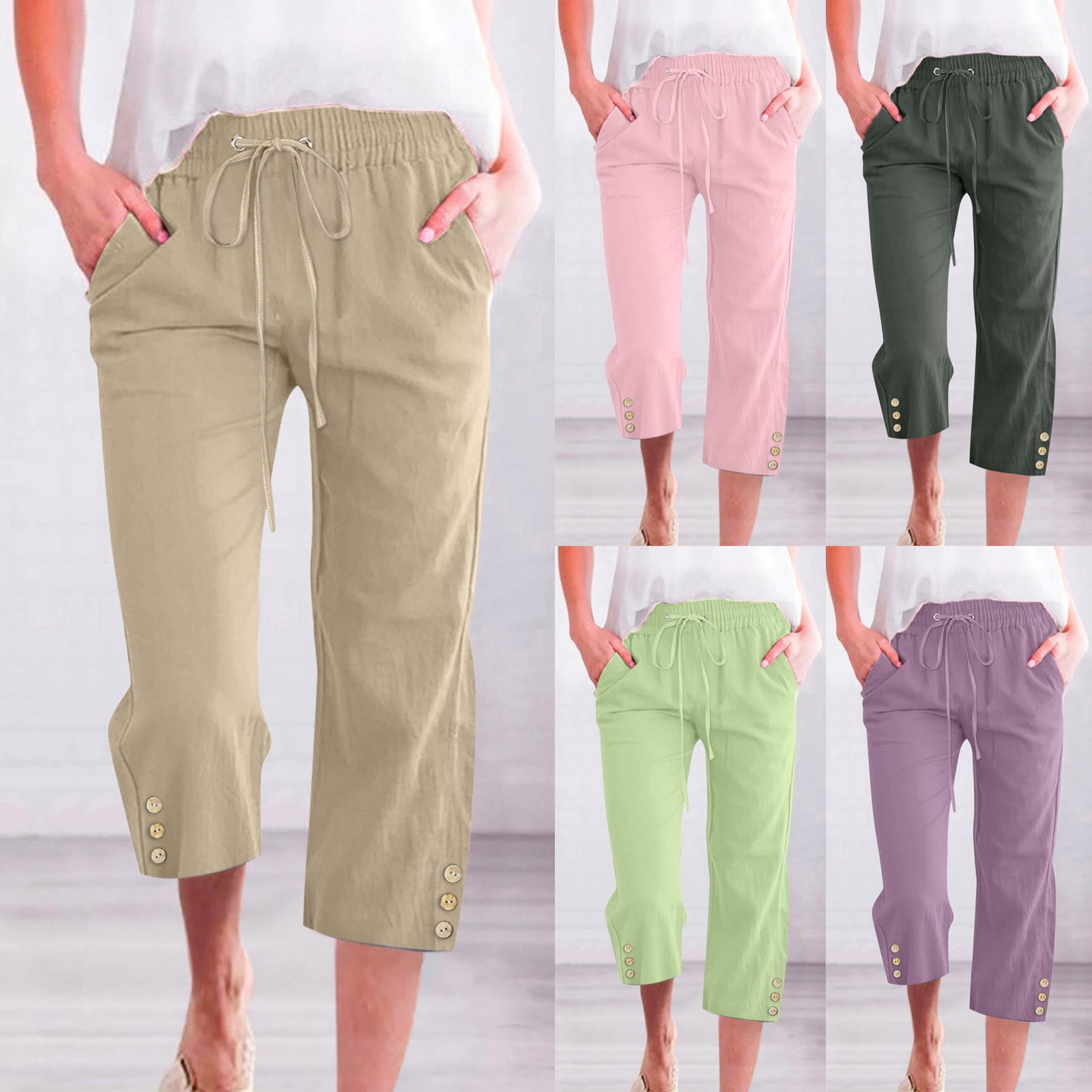 Click here for Eryao Womens Cotton Linen Capris Summer Elastic Wa... prices