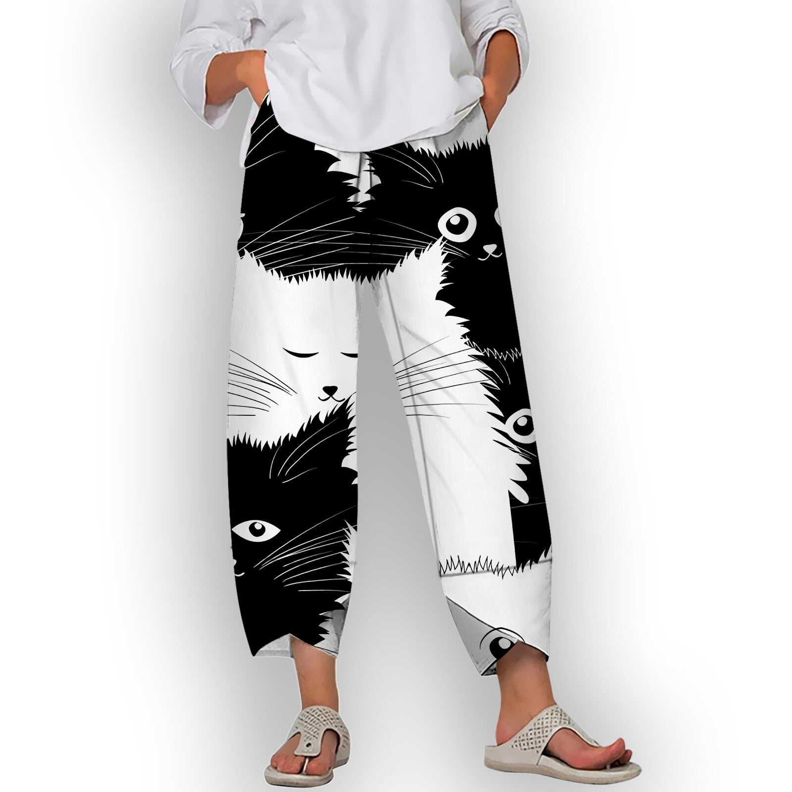 CLOOCL Plus Size Women Wide Leg Pants Black Cat White Cat Printed ...