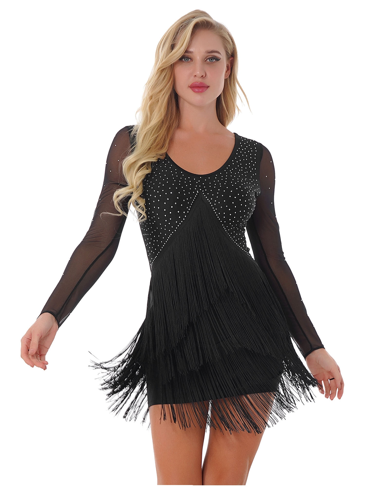 iEFiEL Womens Mesh Long Sleeve Tassel Dance Dress Rhinestone Fringed ...
