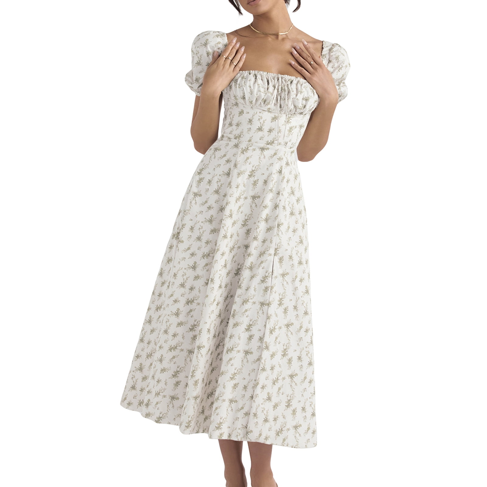 Women Cottagecore Dress Boho Floral Dress Summer Square Neck Puff ...