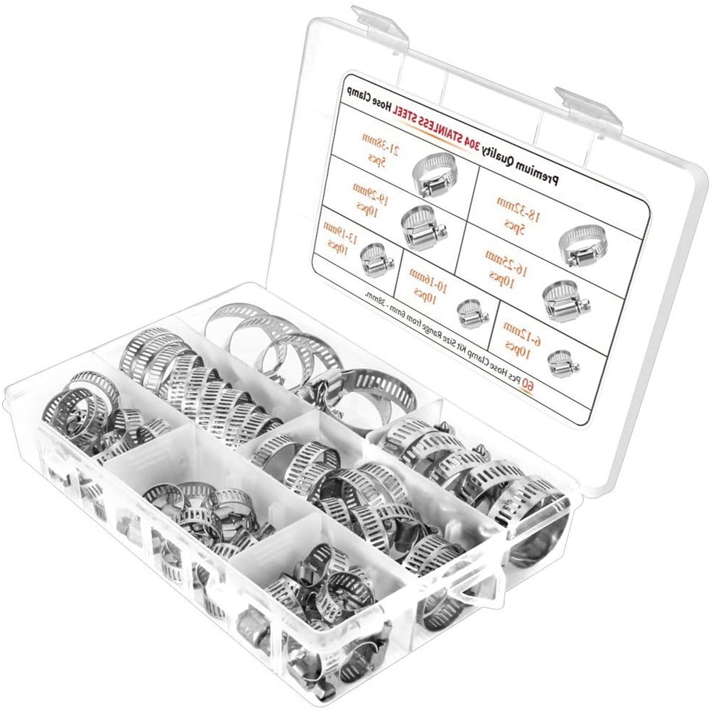 Hose Clamp,60 PCS Stainless Steel Hose Clamps Kit 1/4''–1-1/2'' Worm ...