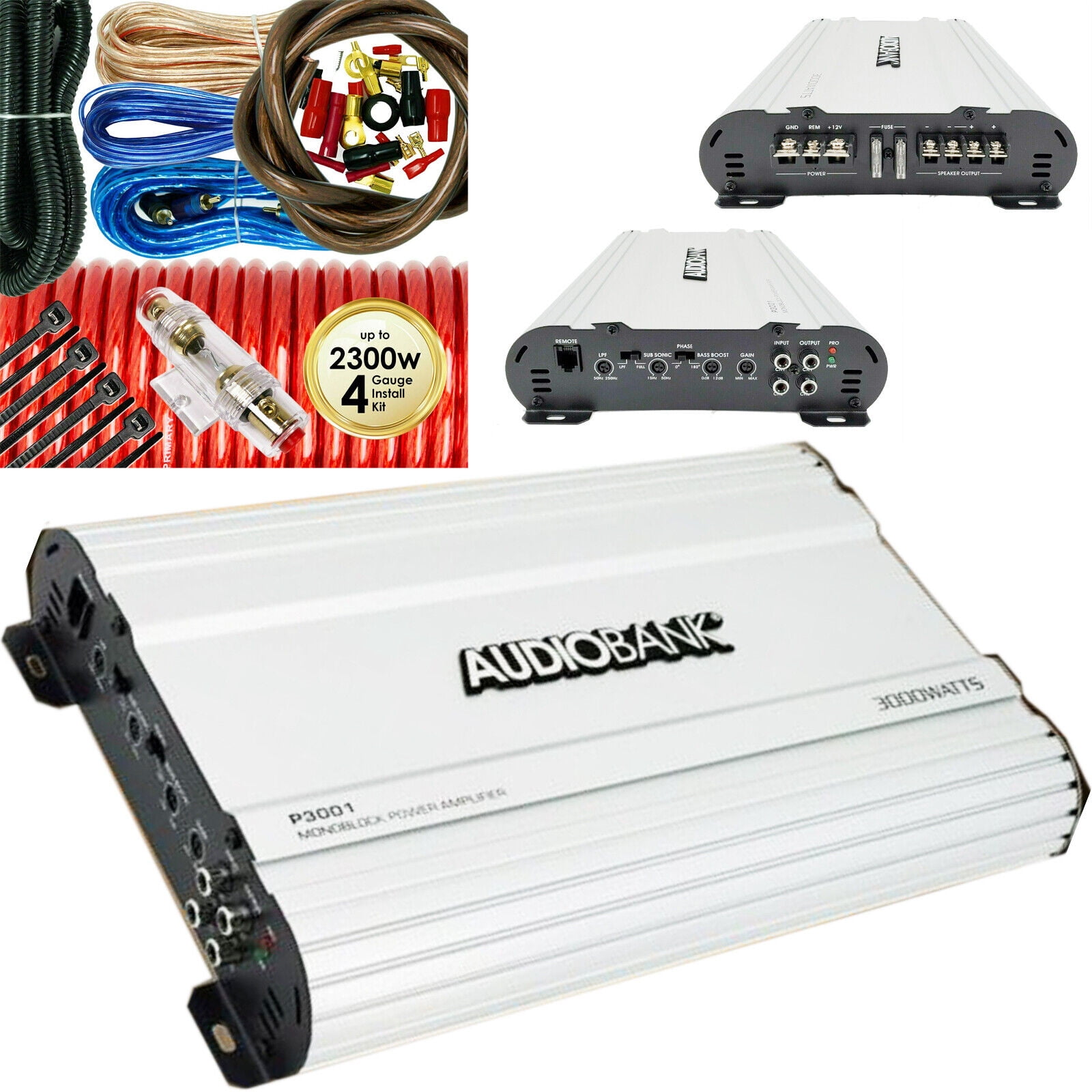 Audiobank P3001 Monoblock 3000 WATTS Amp Class AB Car Audio + 4 Gauge Amp Kit Bundle - Walmart.com